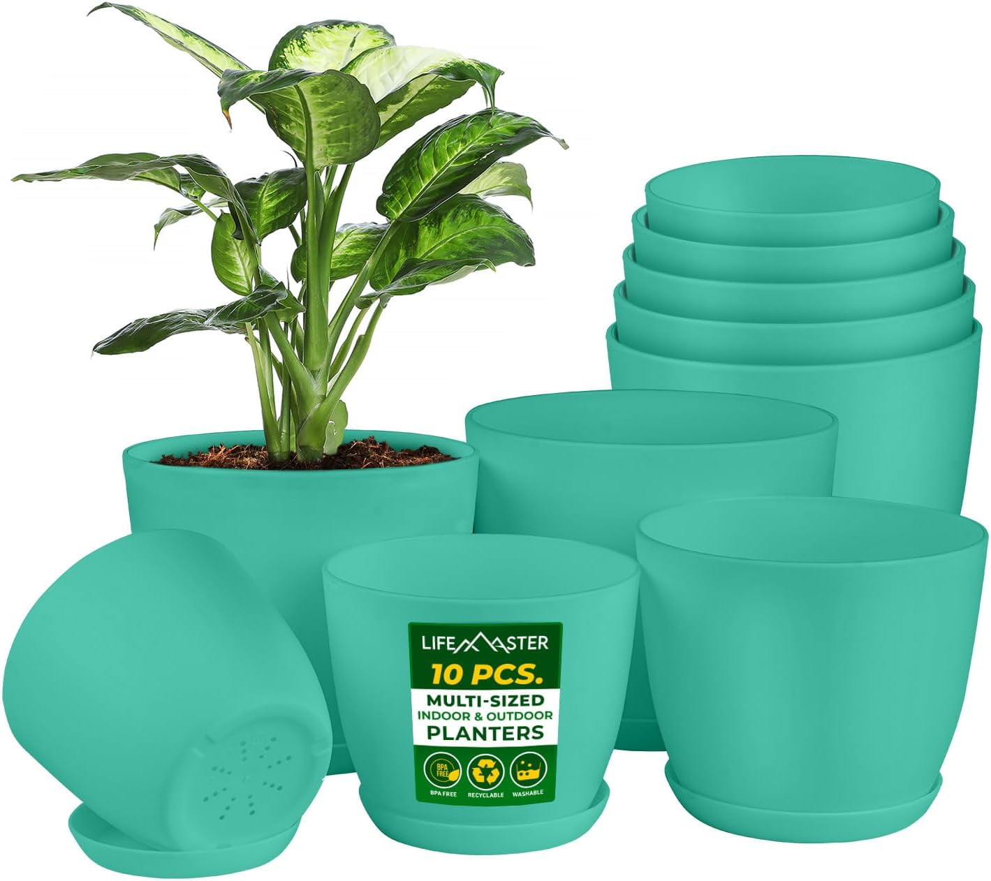Lifemaster 10-Piece Aqua Planter Pots with Drainage - Lightweight ...