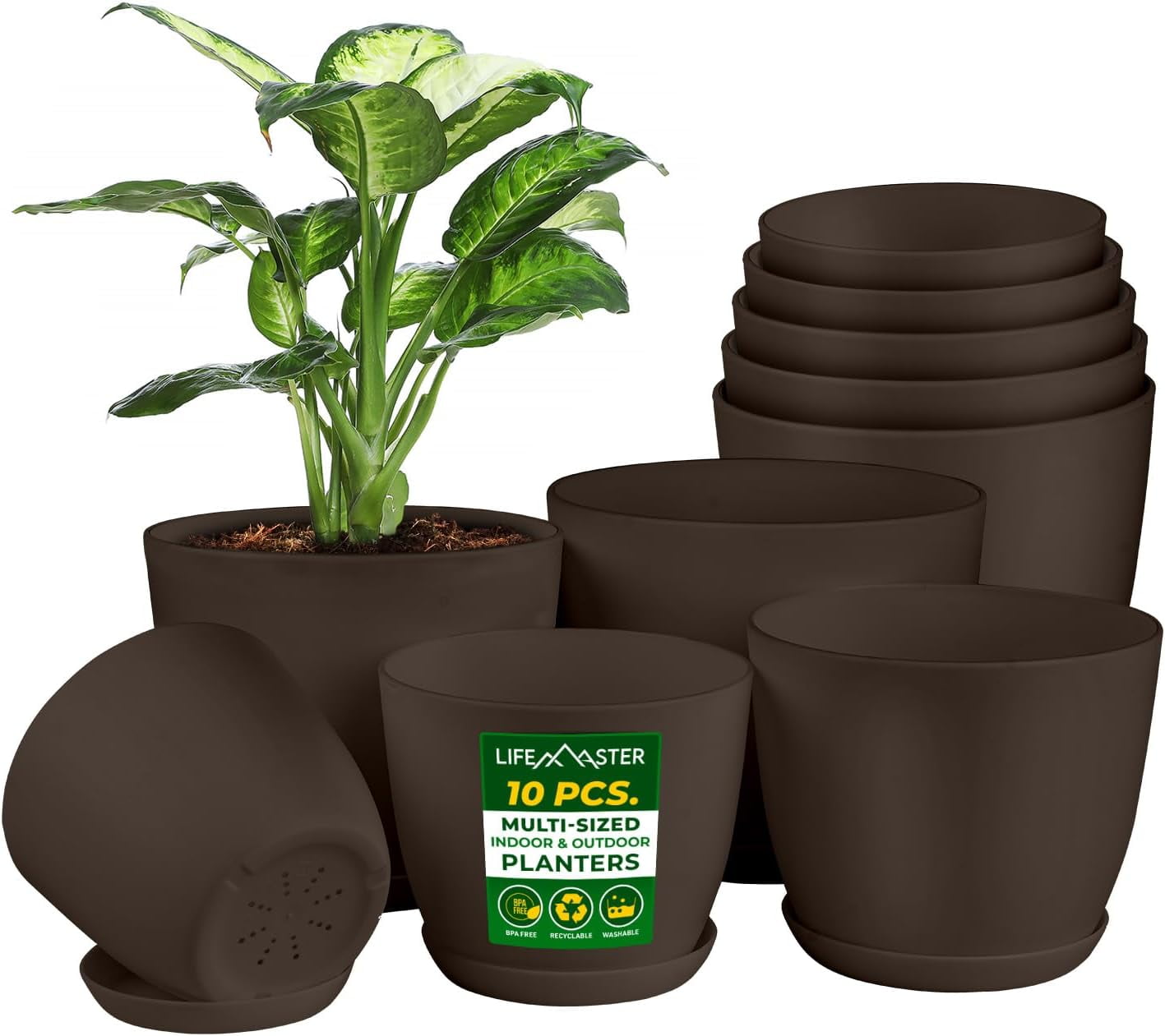 Lifemaster 10-Piece Brown Planter Pots with Drainage - Lightweight ...