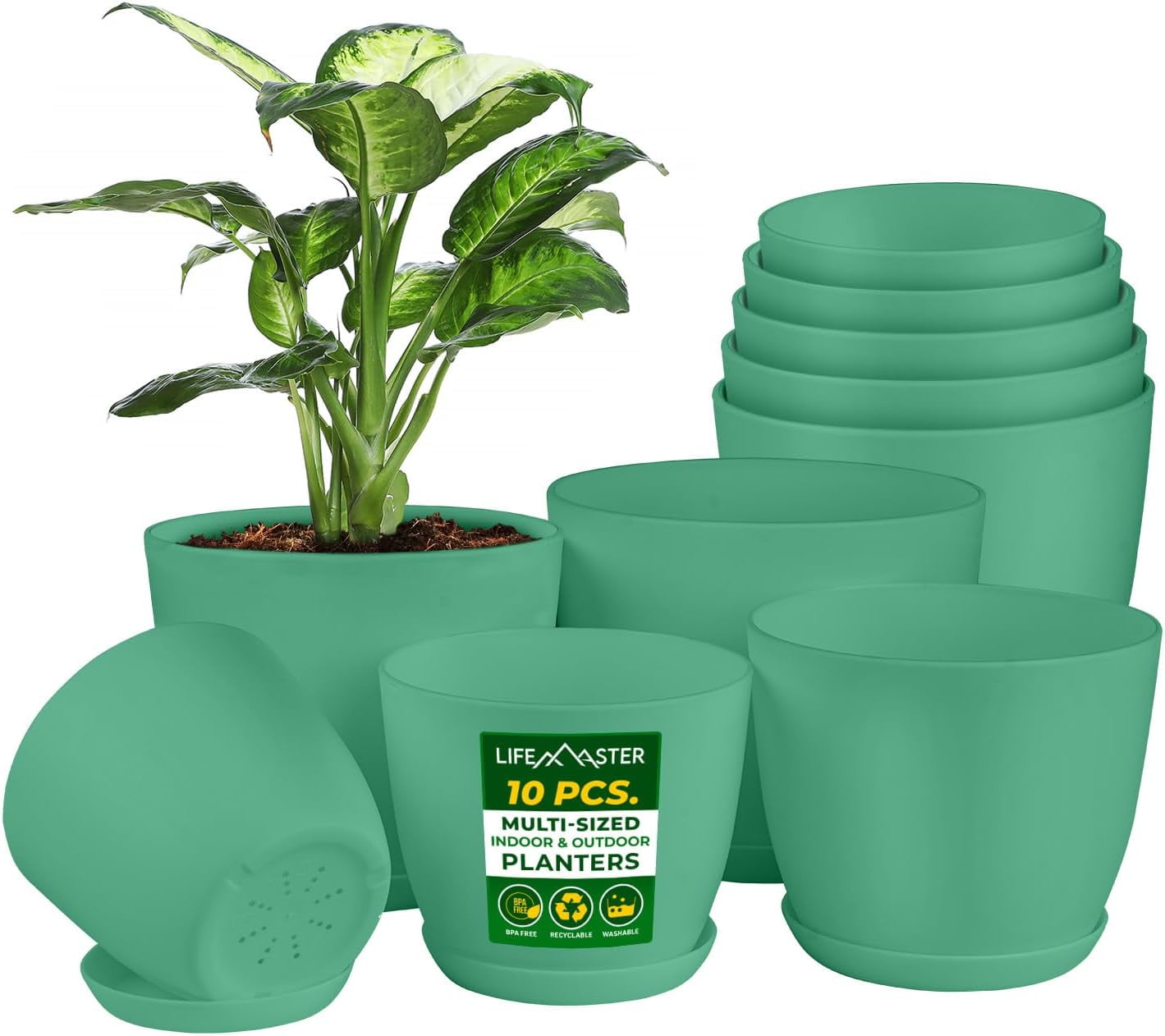 Lifemaster 10-Piece Mint Planter Pots with Drainage - Lightweight ...