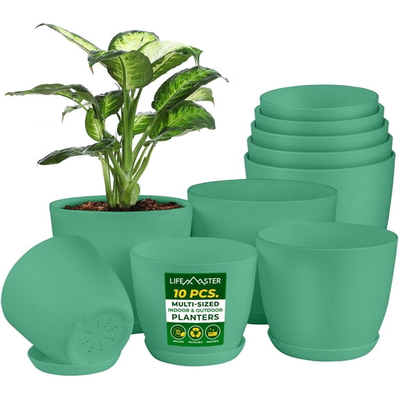 Lifemaster 10-Piece Mint Planter Pots with Drainage - Lightweight ...
