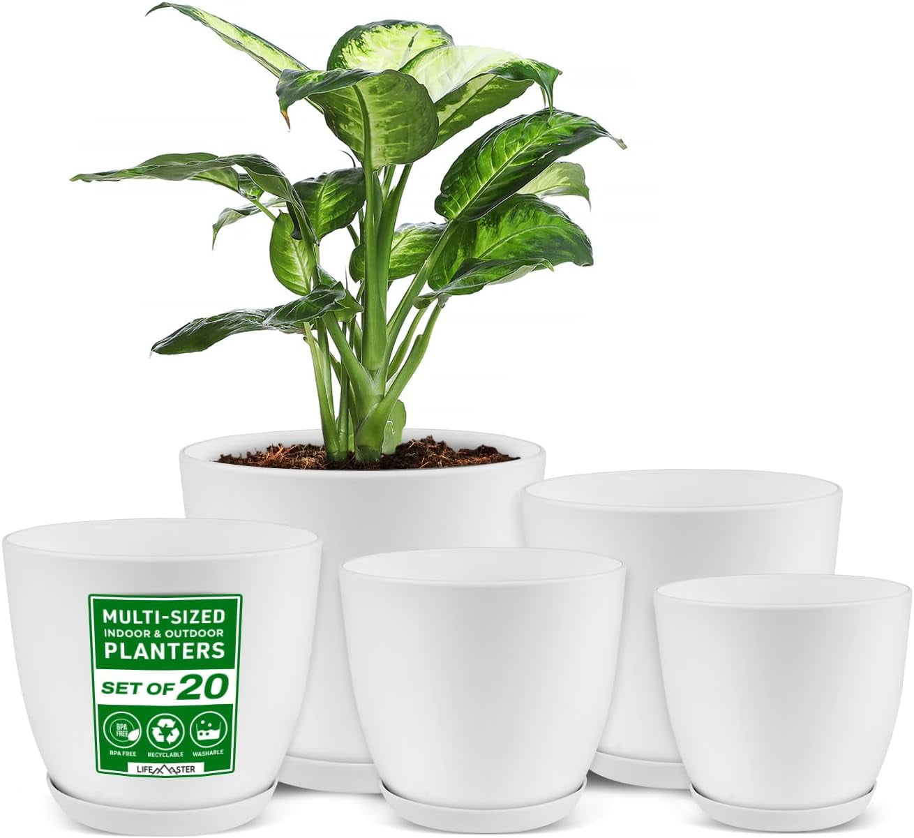 Lifemaster 20-Pack Eco-Friendly Plastic Pots, Assorted Sizes with ...