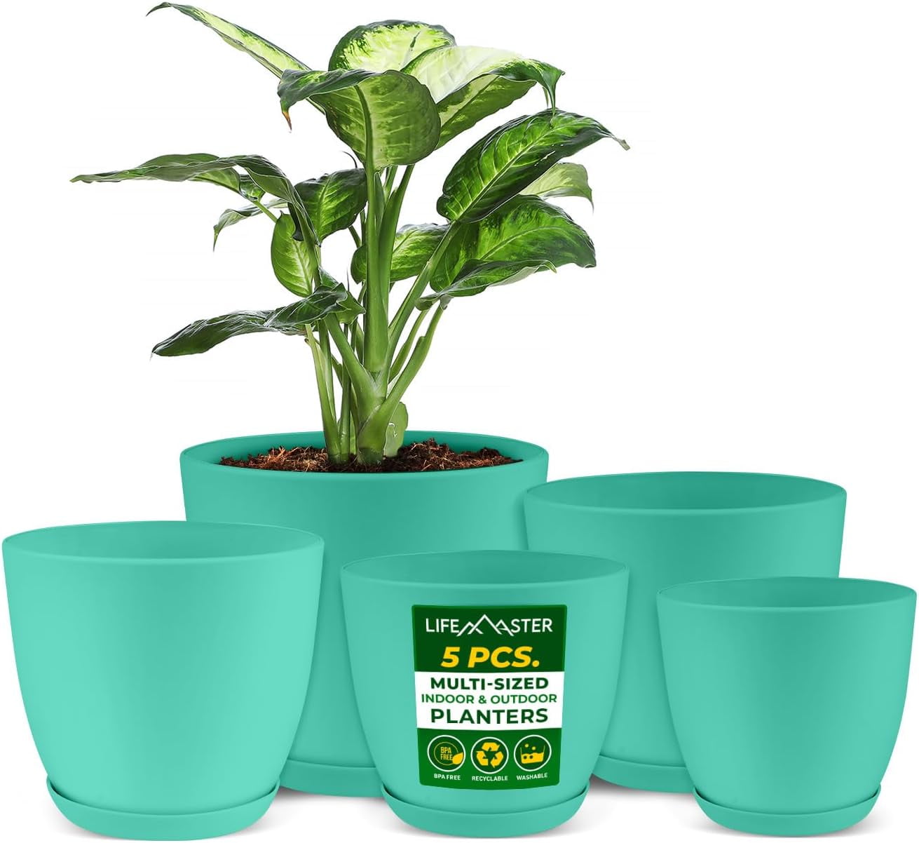 Lifemaster 5-Piece Aqua Planter Pots with Drainage - Lightweight ...