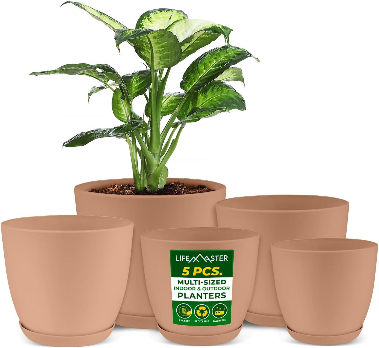 Lifemaster 5-Piece Pink Planter Pots with Drainage - Lightweight ...