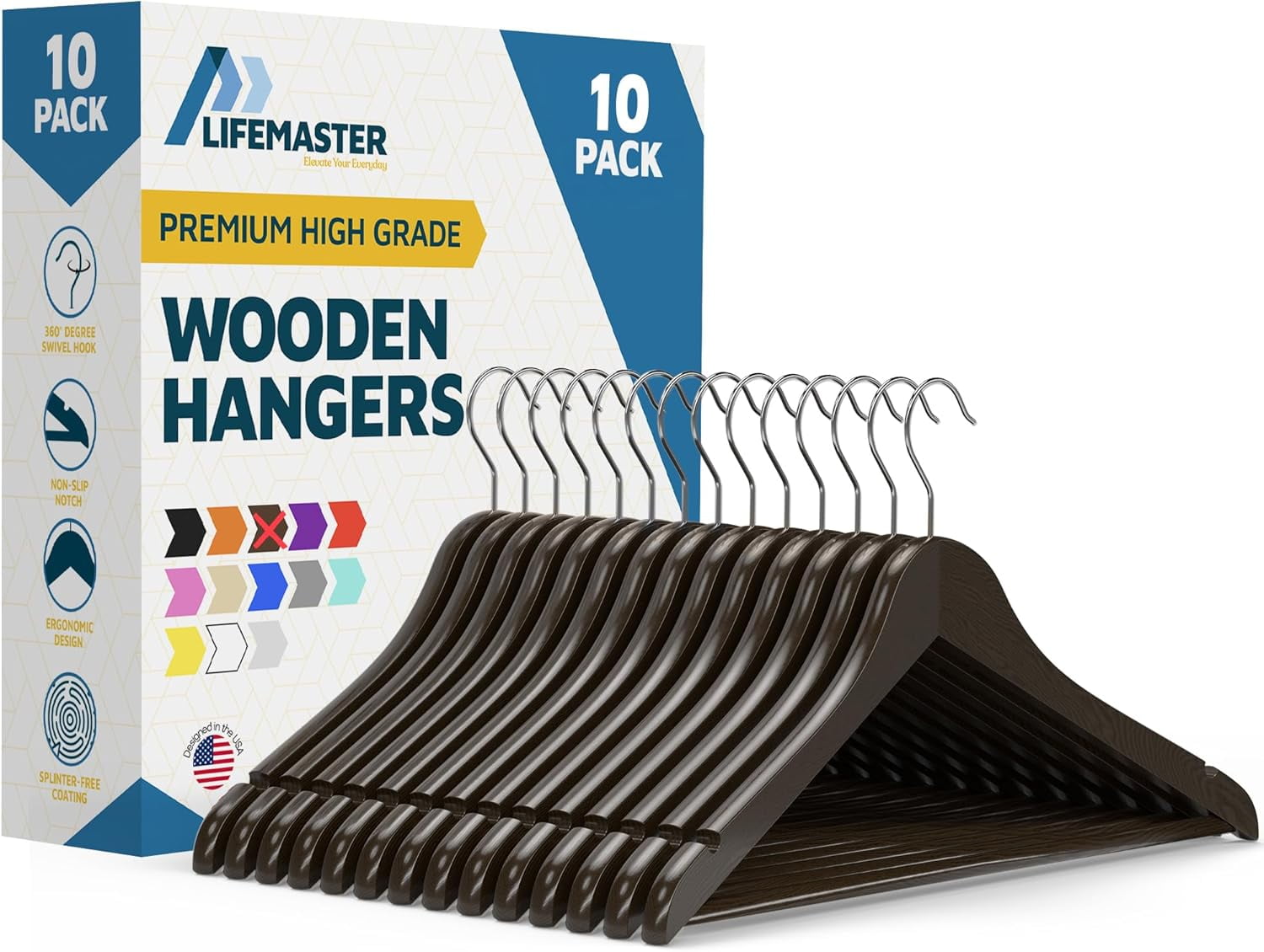 Lifemaster Wooden Clothes Hangers – With 360 Degree Swivel Hook and Non ...
