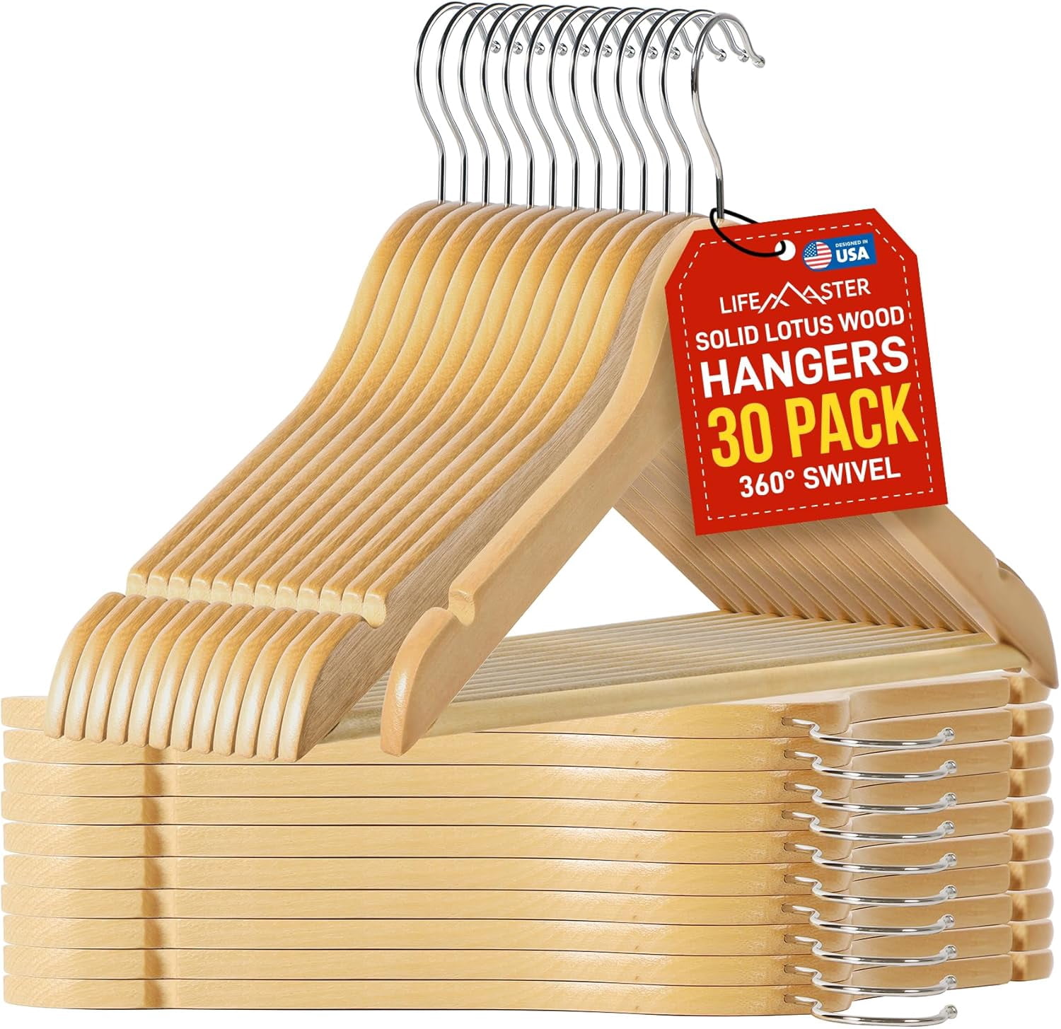Lifemaster Wooden Clothes Hangers – With 360 Degree Swivel Hook & Non ...