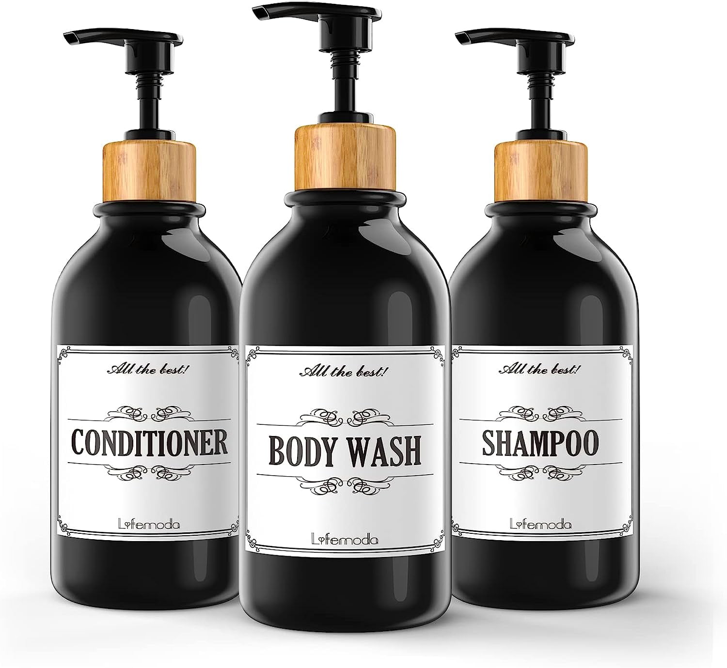 Lifemoda Shampoo and Conditioner Dispenser with Bamboo Pump, 3 pcs of ...