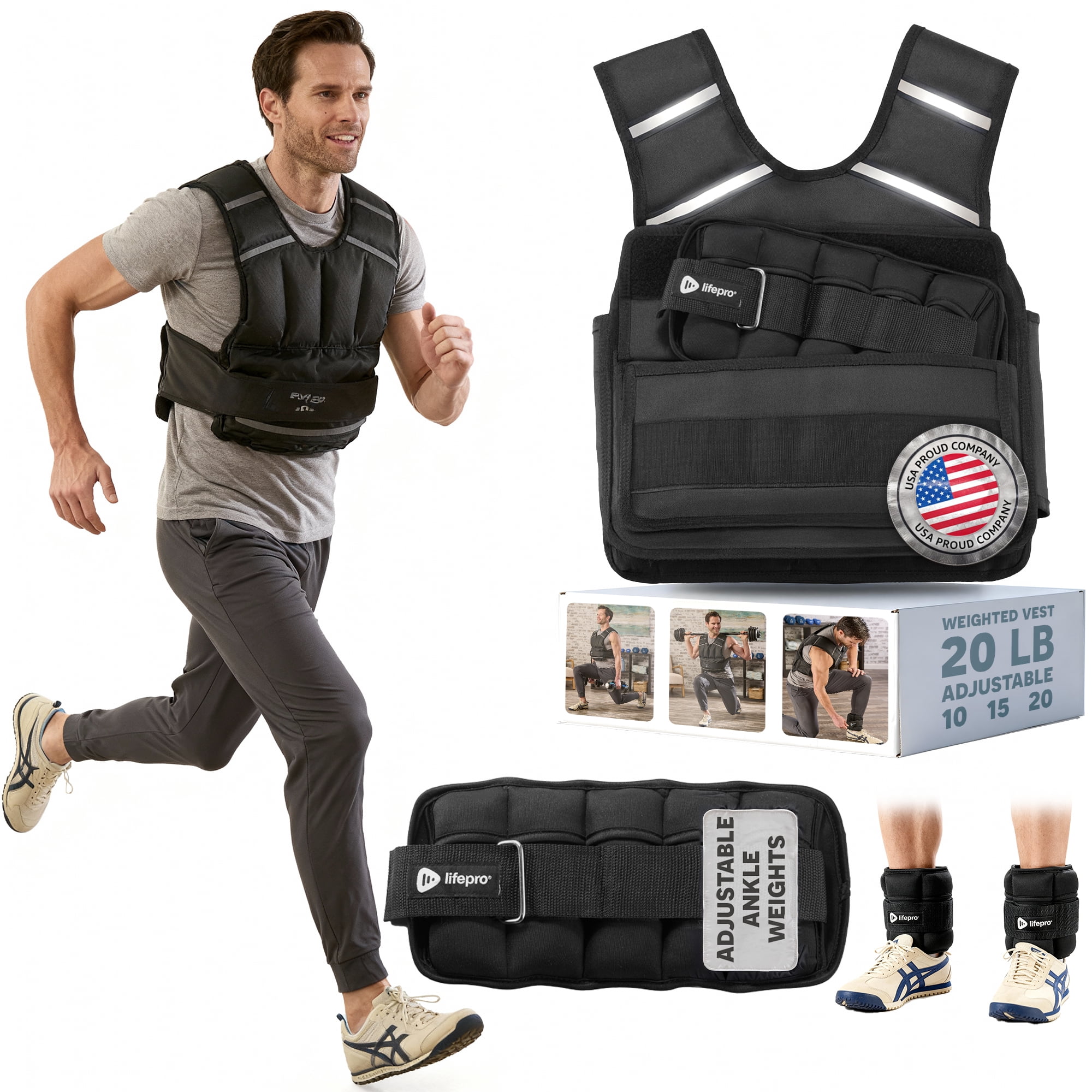 Lifepro Adjustable Weighted Vest + Ankle Weights for Men (15 & 20 lbs ...