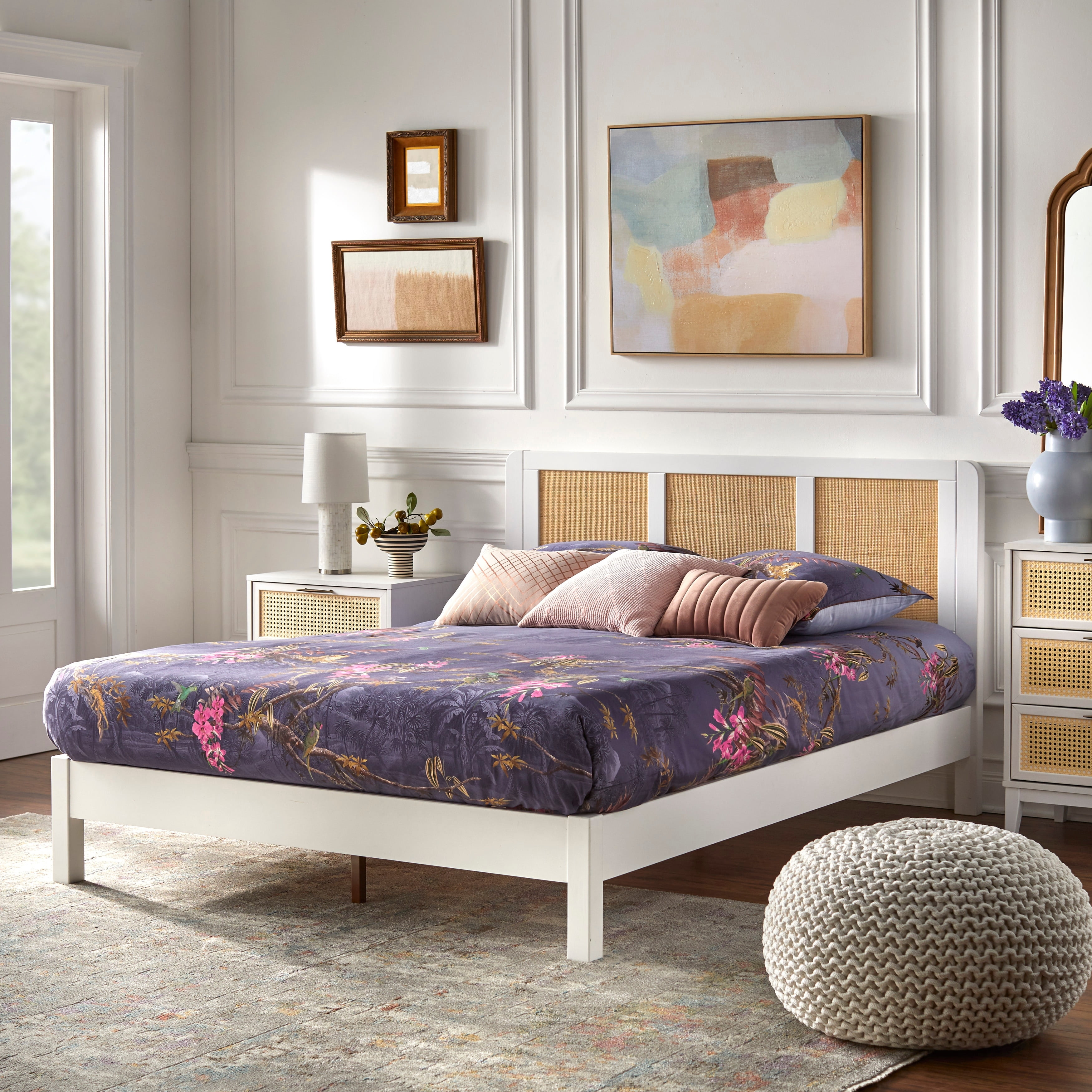 Lifestorey Larkin Mid-Century Queen Platform Bed, White, Pinewood ...