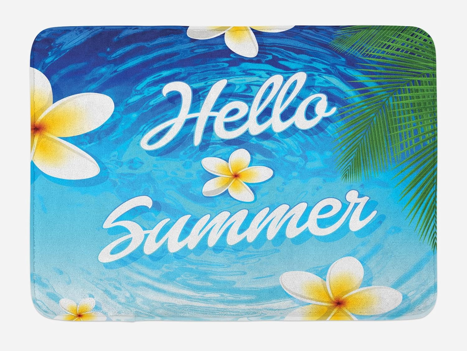 Lifestyle Bath Mat, Hello Summer Words with Palm Tree Leaves Plumeria ...