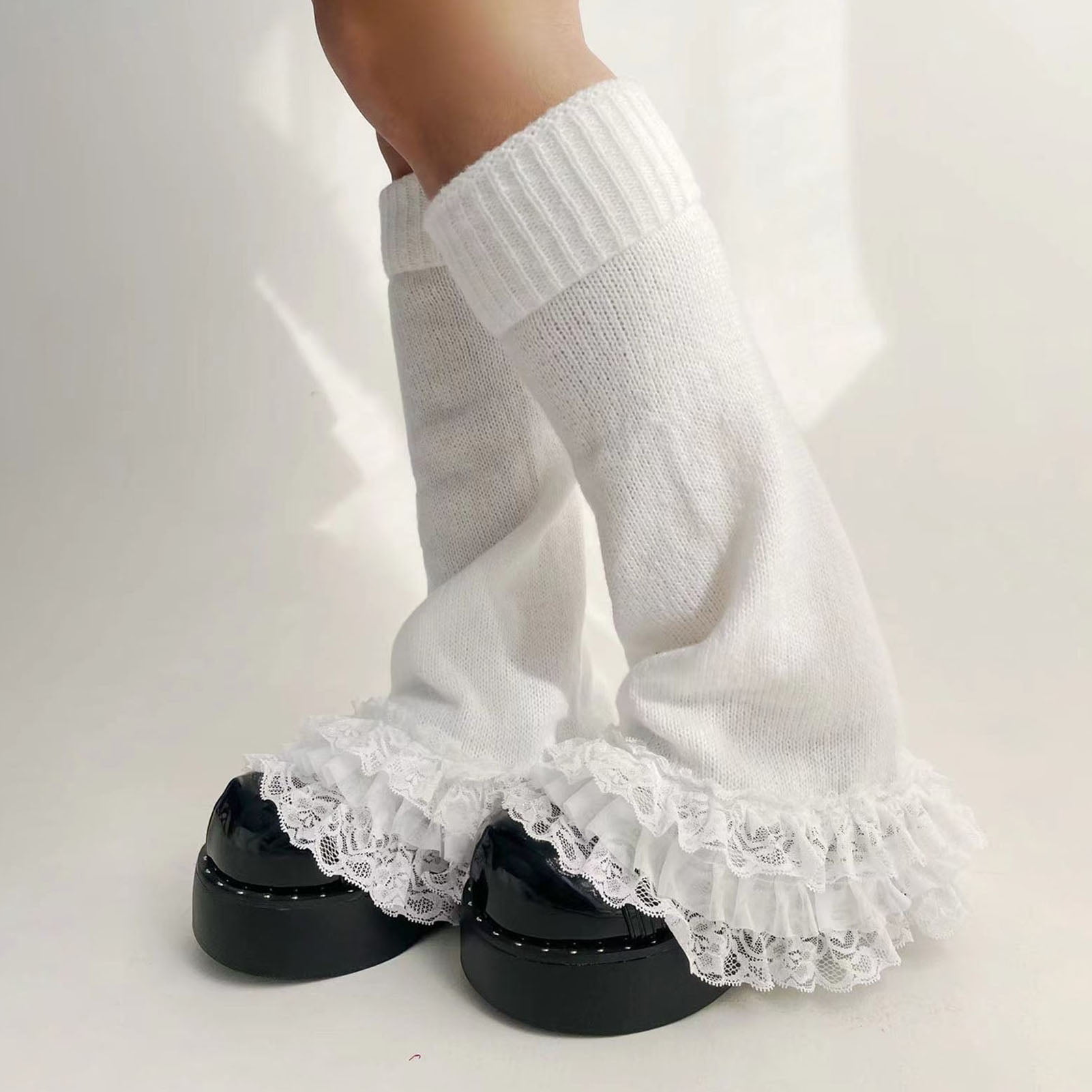 Lifetechs 1 Pair Calf Covers Lace Trim Knitted Anti-slip Elastic Lolita ...