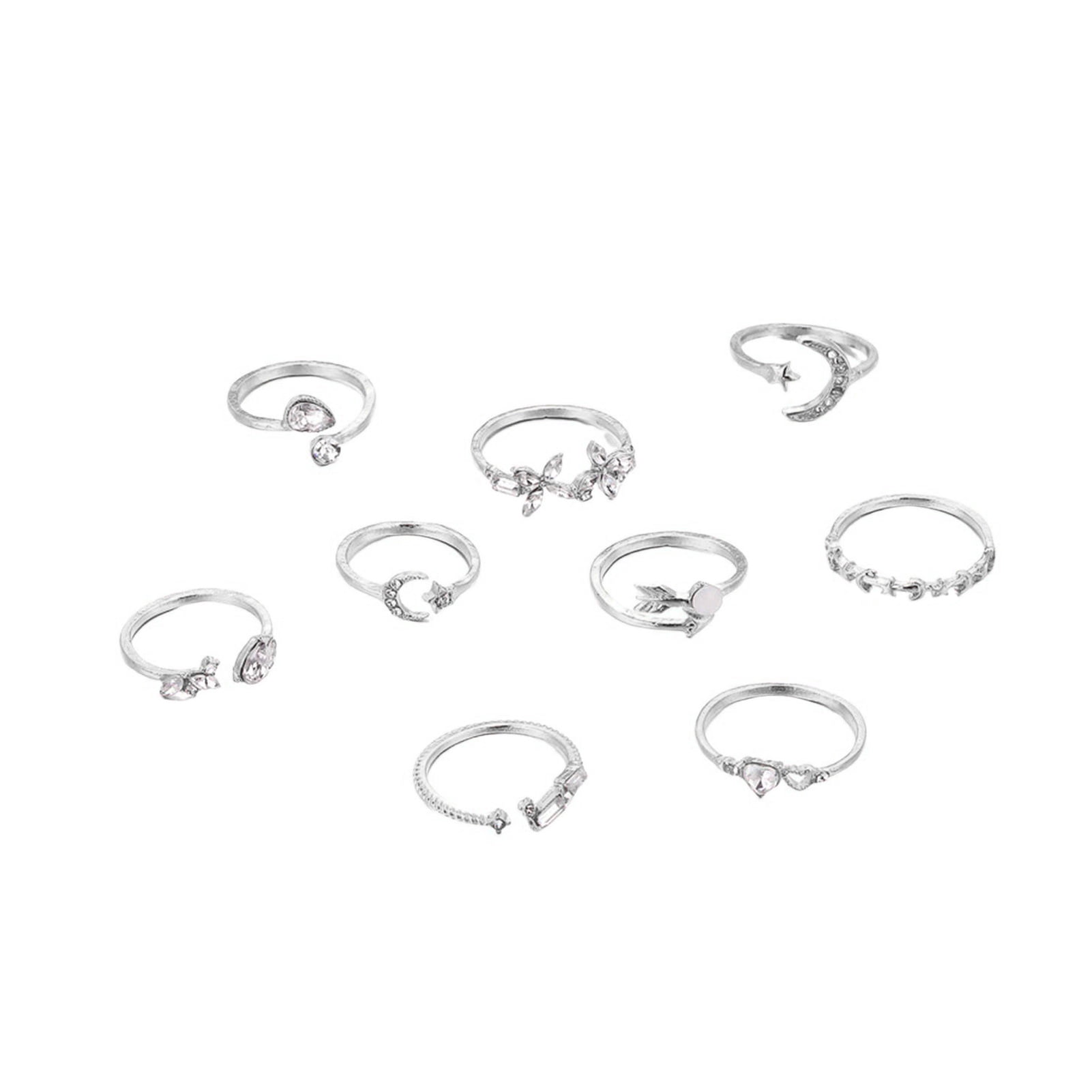 Lifetechs 9 Pcs/Set Lady Ring Set Diverse Shapes Rhinestone Decor Star ...