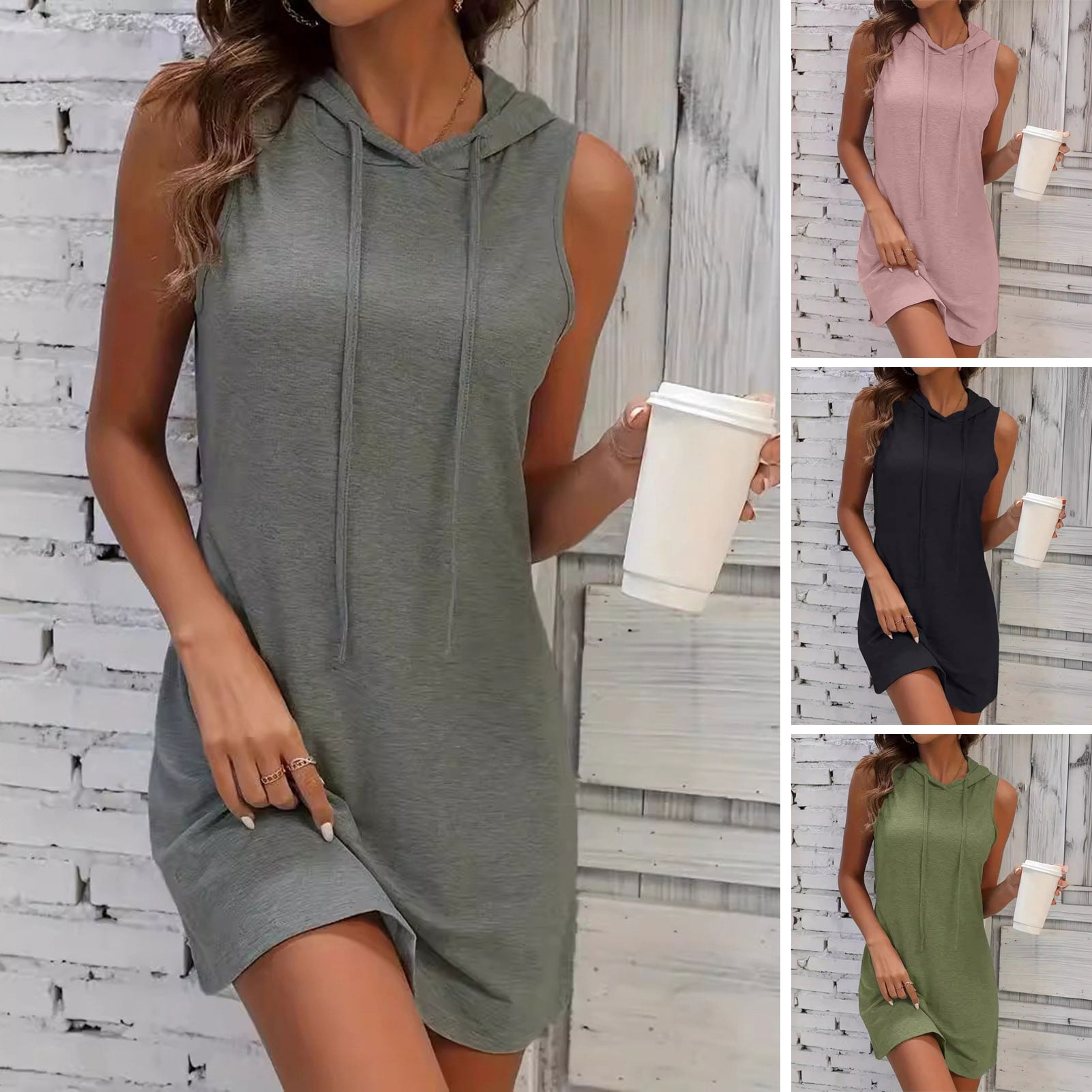 Lifetechs Women's Summer Hoodie Dress Sleeveless Drawstring Hooded ...