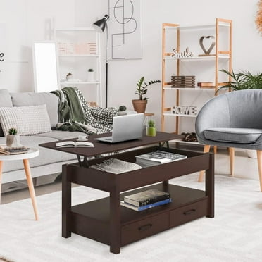 Lift Top Coffee Table with Hidden Storage Compartment & Open Shelves ...