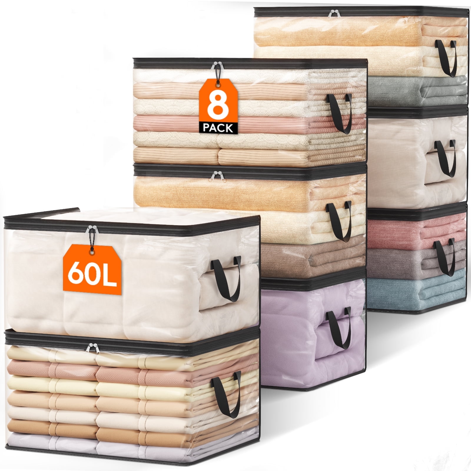 Lifewit 8 Pack Clear Clothes Storage Bags, 60L Plastic Blanket Storage ...