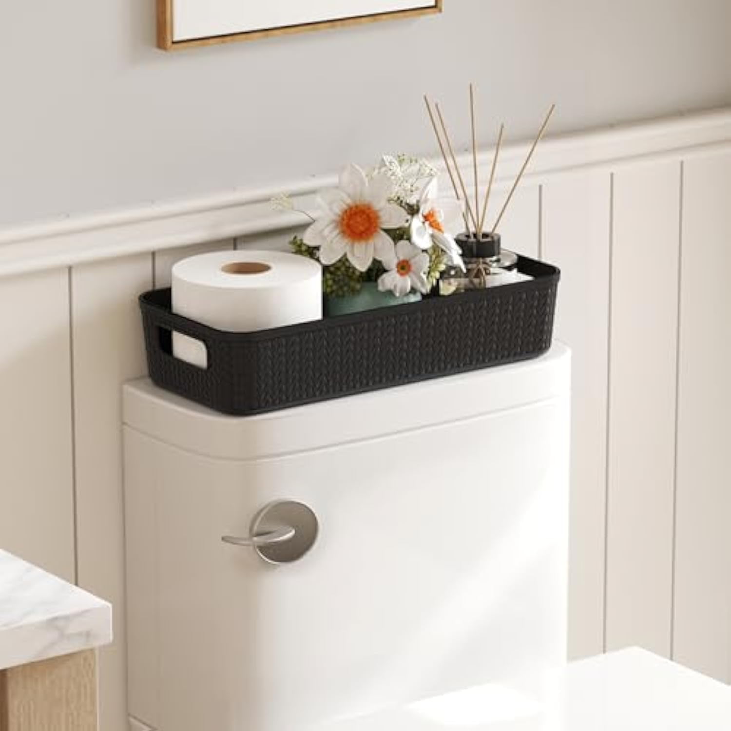 Lifewit Black Toilet Paper Basket with Handle, Plastic Wicker Toilet ...