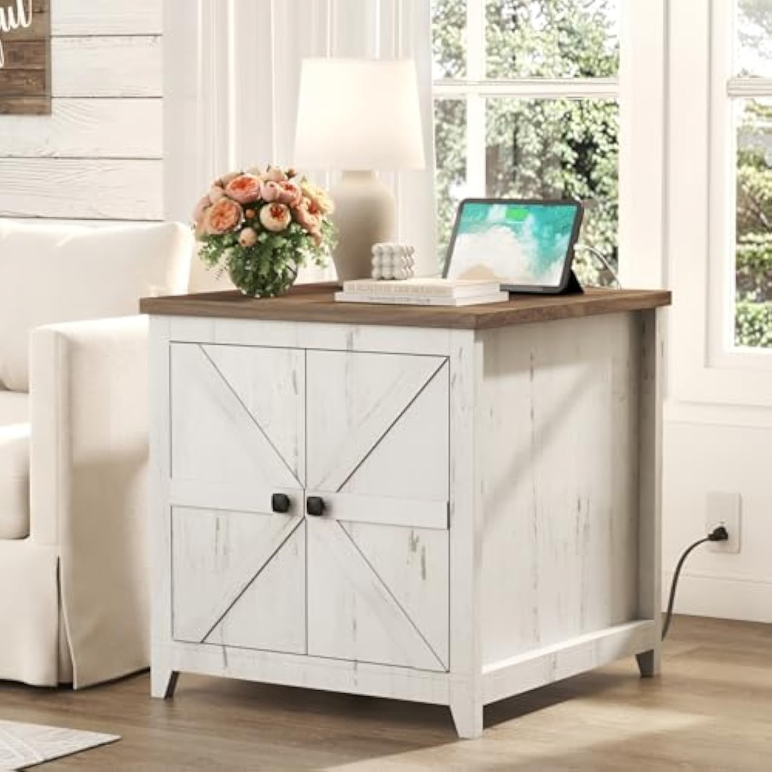 Lifewit Farmhouse End Table with Charging Station and USB Ports, 24 ...