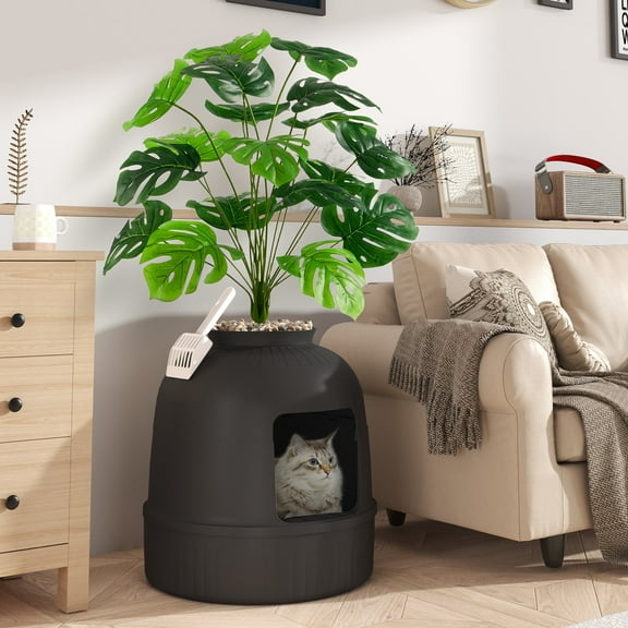 Lifewit Litter Box Cat with Faux Plant & Scoop, Hidden Enclosure Litter ...