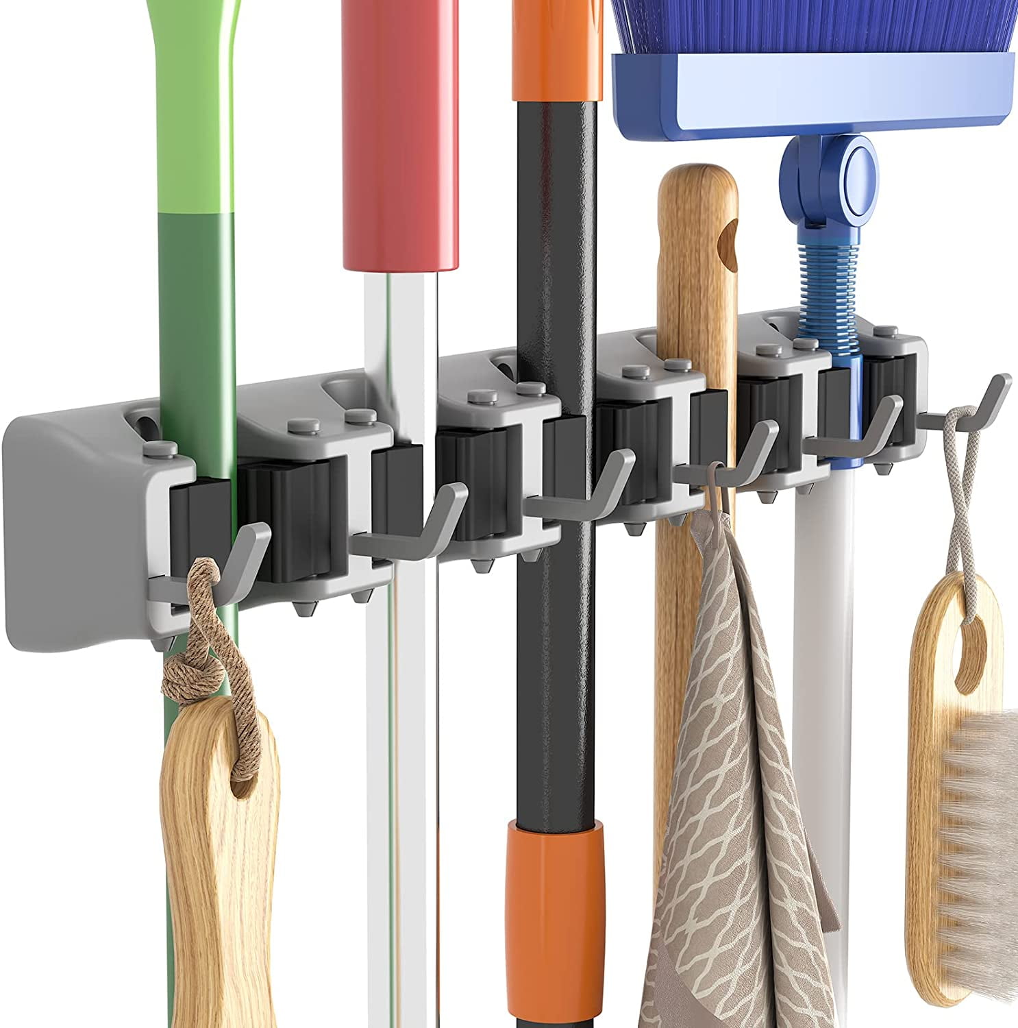 Lifewit Wall Mount Broom Holder with 5 Slots 6 Hooks Grey Heavy Duty ...