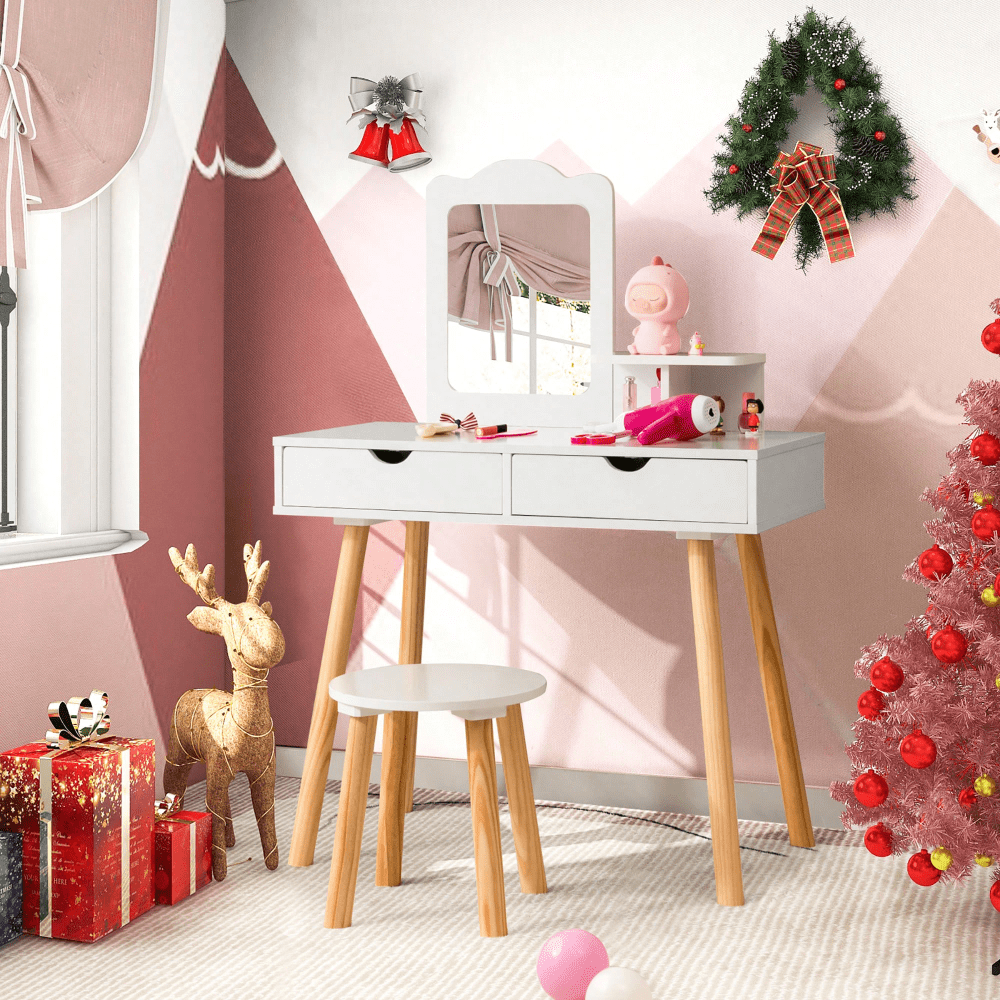 Lifezeal Kid Vanity Table Chair Set With Mirror Large Storage Drawers ...