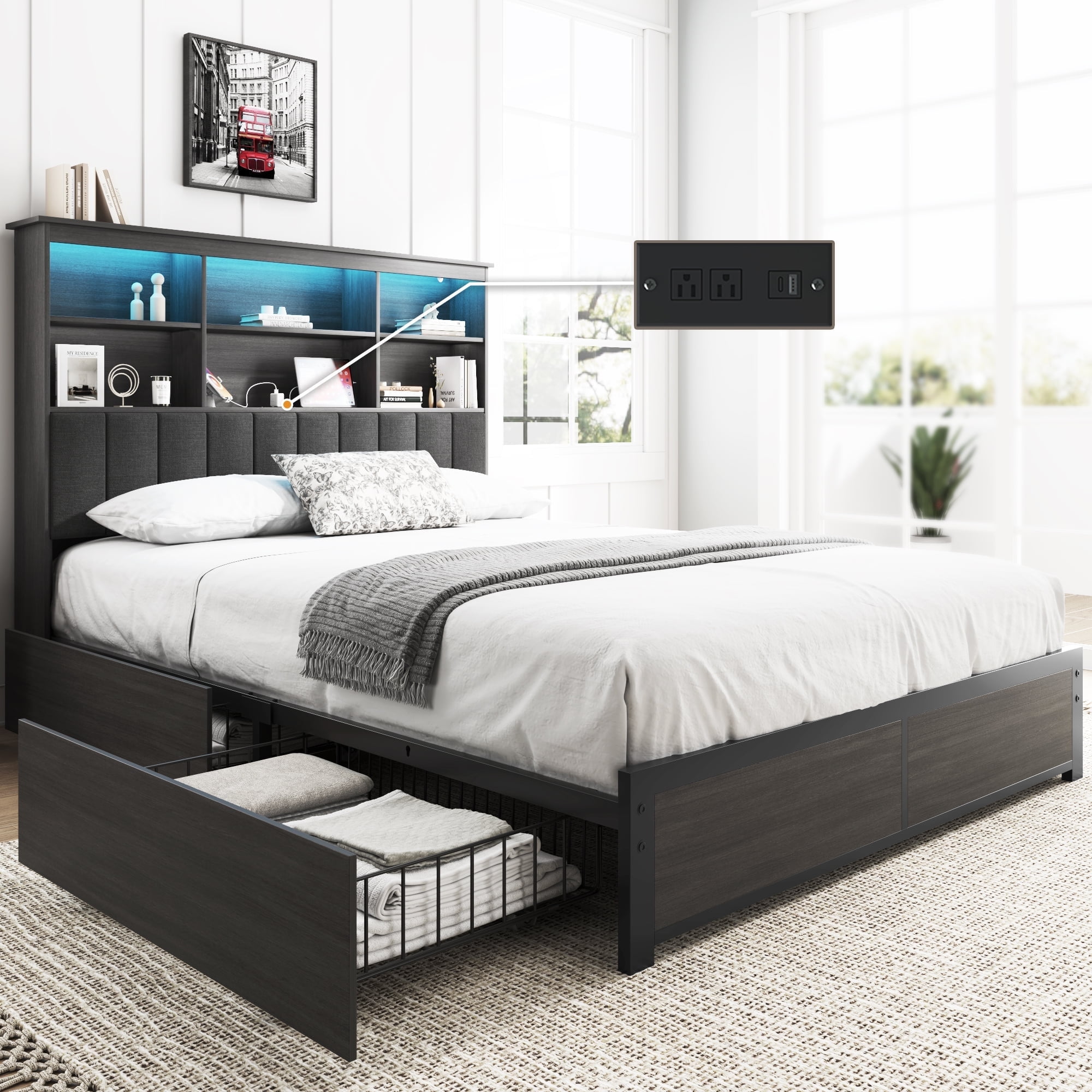 LIFEZONE Queen Bed Frame, Rustic Grey, Wooden Platform with Bookcase ...
