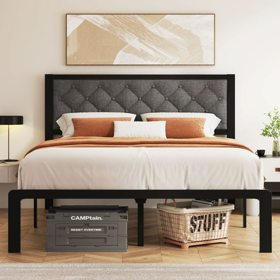 Full Size Platform Bed Frame with Button Tufted Headboard, Upholstered ...