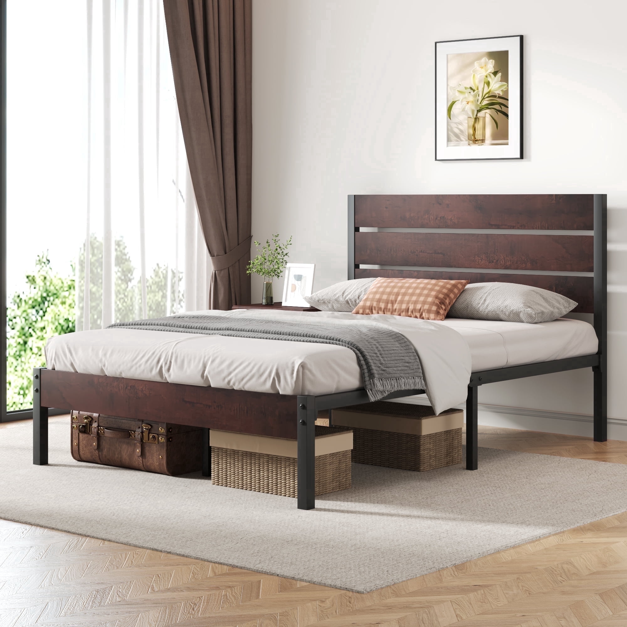 Lifezone Full Bed Frame with Rustic Vintage Wood Headboard and ...