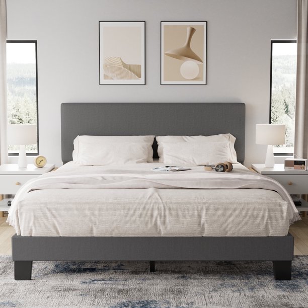 Lifezone Full Size Light Gray Bed Frame with Adjustable Headboard ...