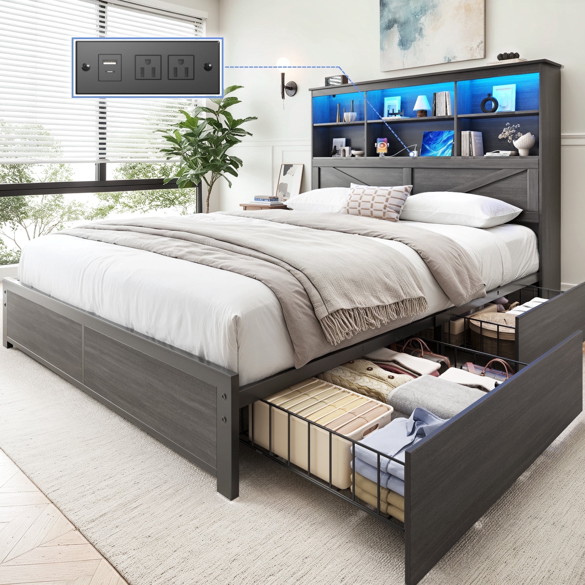 Lifezone Full Size Platform Bed Frame with High Storage Bookcase ...
