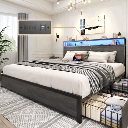 Velvet Tufted Bed with Storage & Headboard - Black Upholstered Platform ...