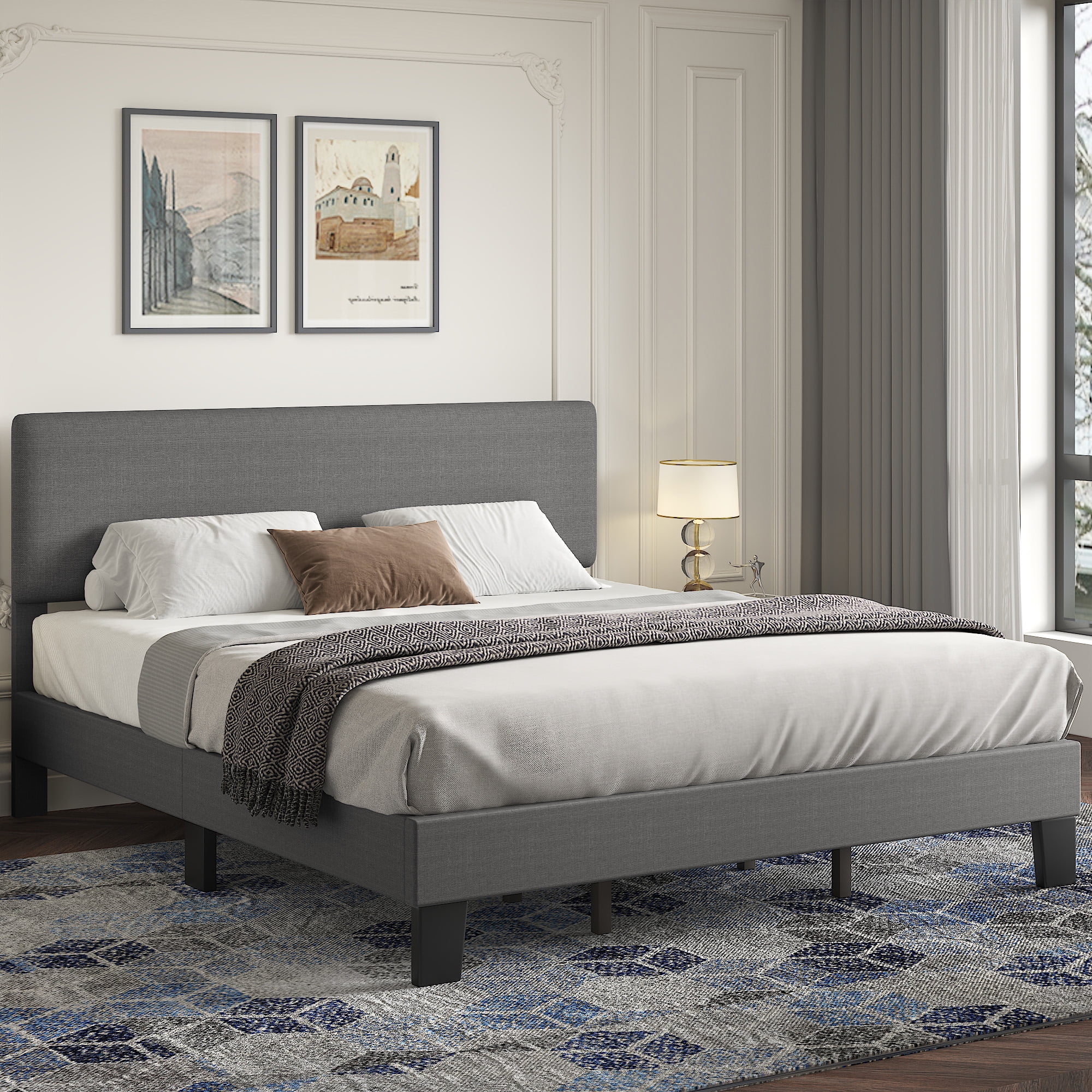 Lifezone Upholstered King Size Bed Frame with Adjustable Headboard ...