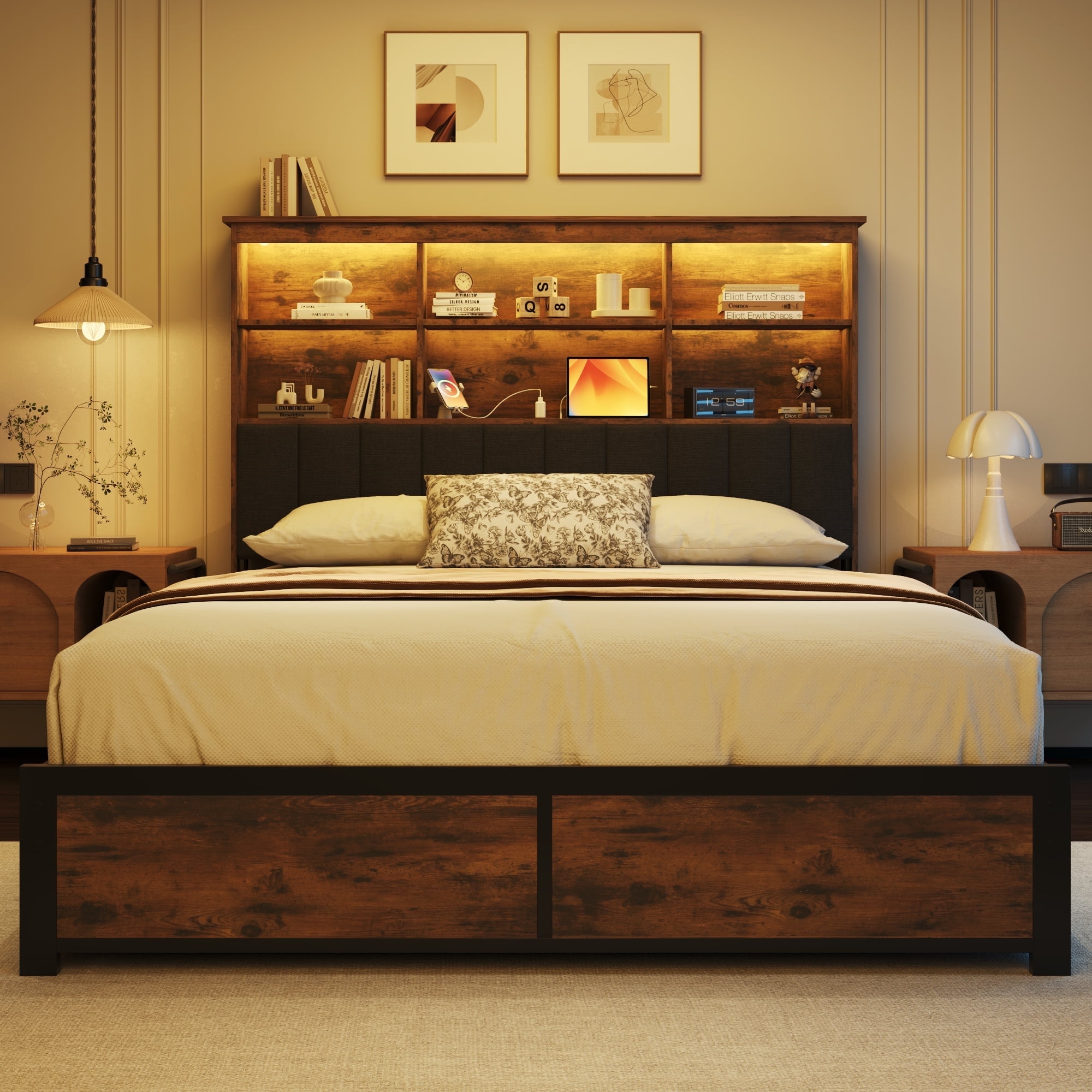 Lifezone Queen Bed Frame, Wooden Platform, Bookcase Headboard, Charging ...