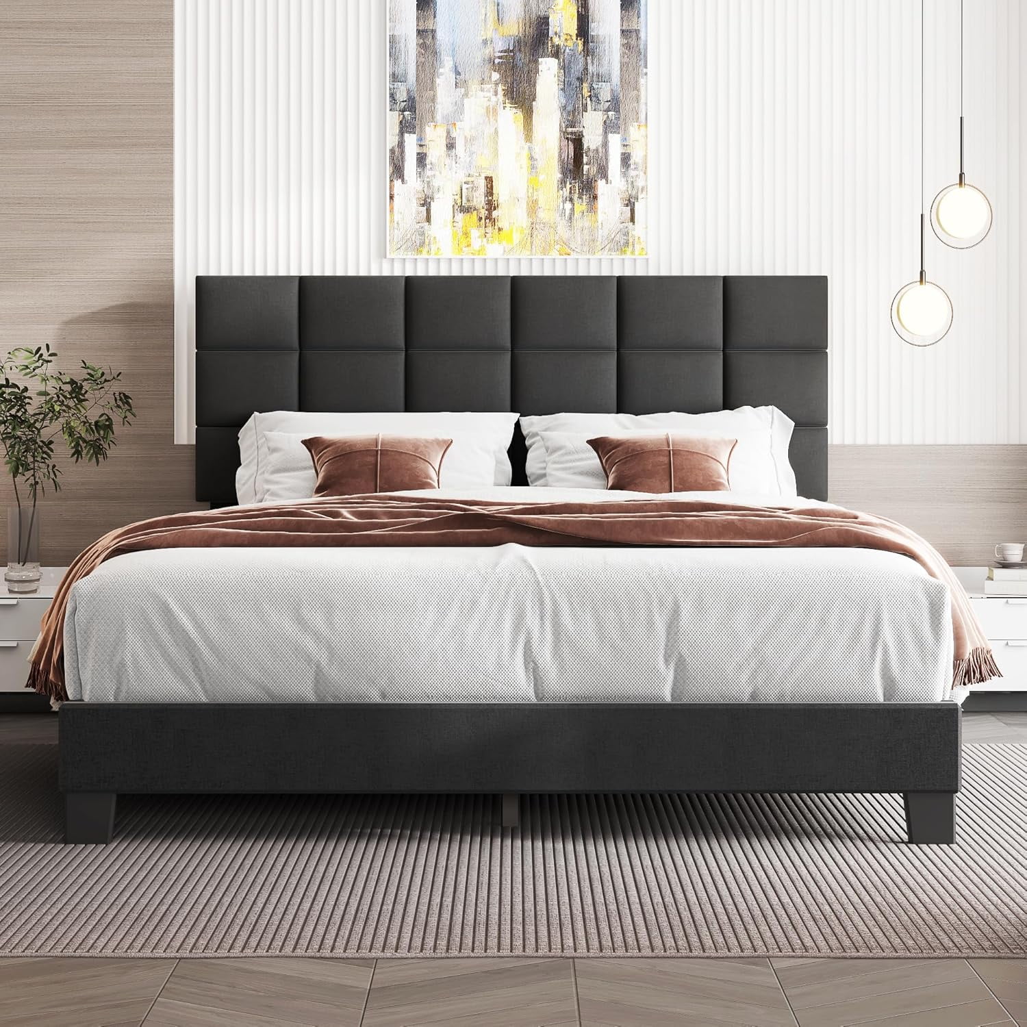 Lifezone Queen Bed Frame with Headboard Linen Upholstered Bed Frame ...