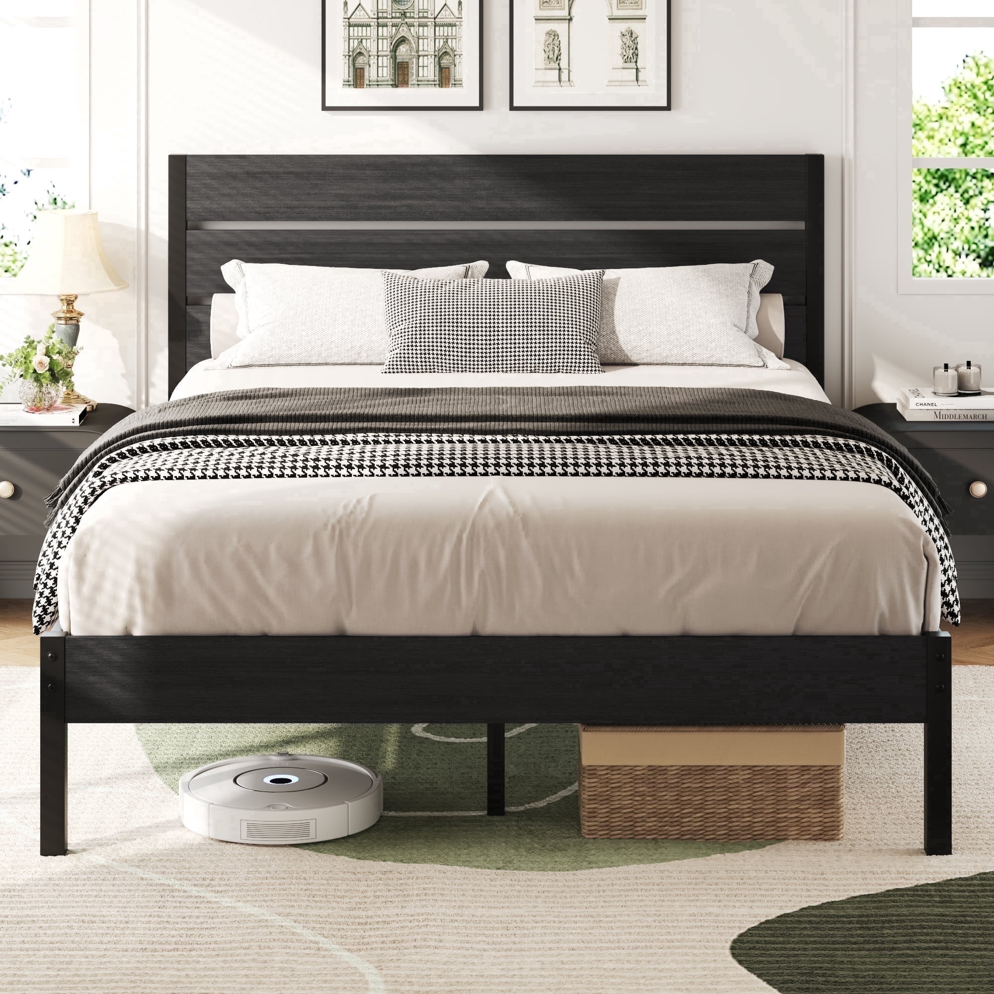 Lifezone Queen Bed Frame with Rustic Vintage Wood Headboard and ...