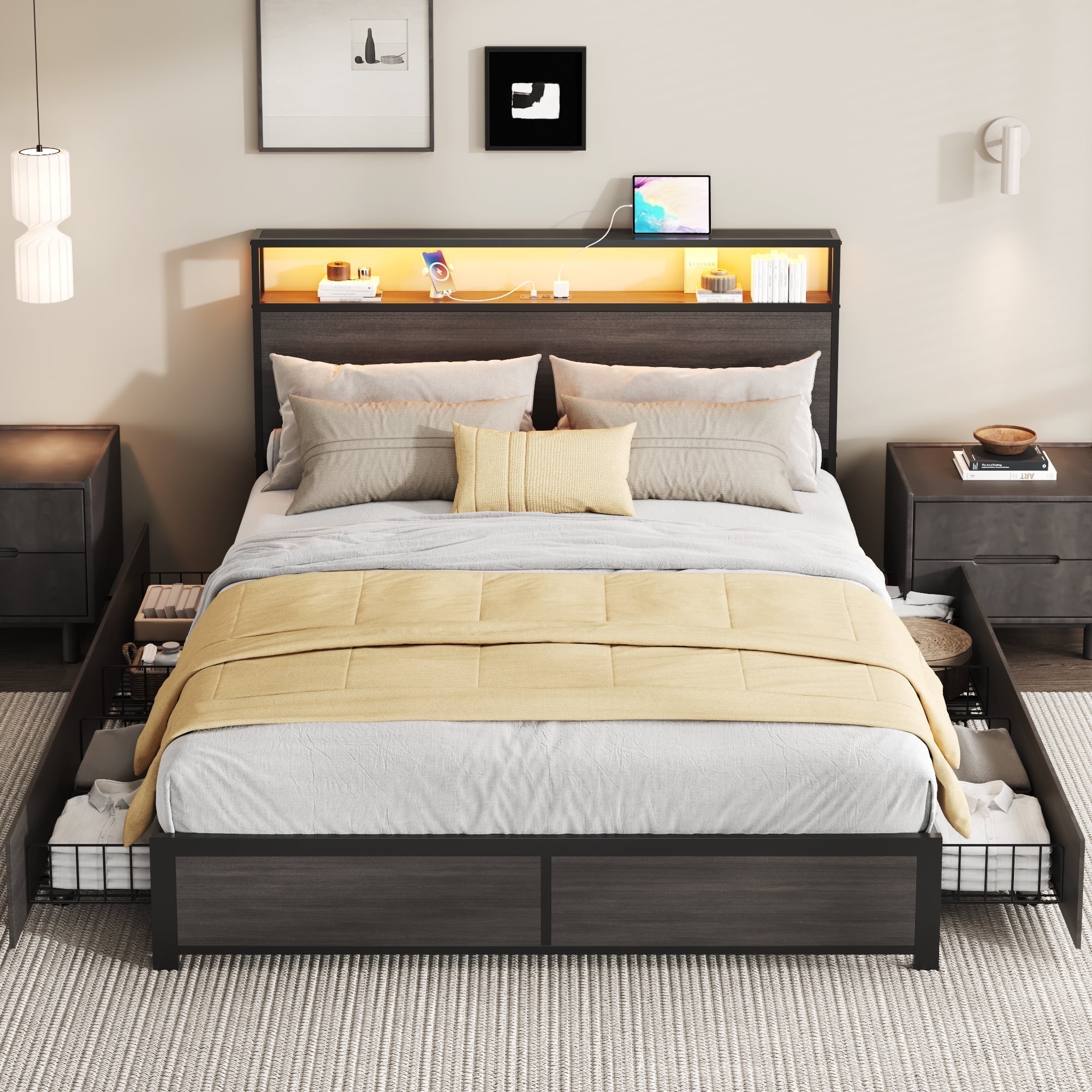 Lifezone Queen Bed Frame with Shelf Headboard, Charging Station, LED, 4 ...