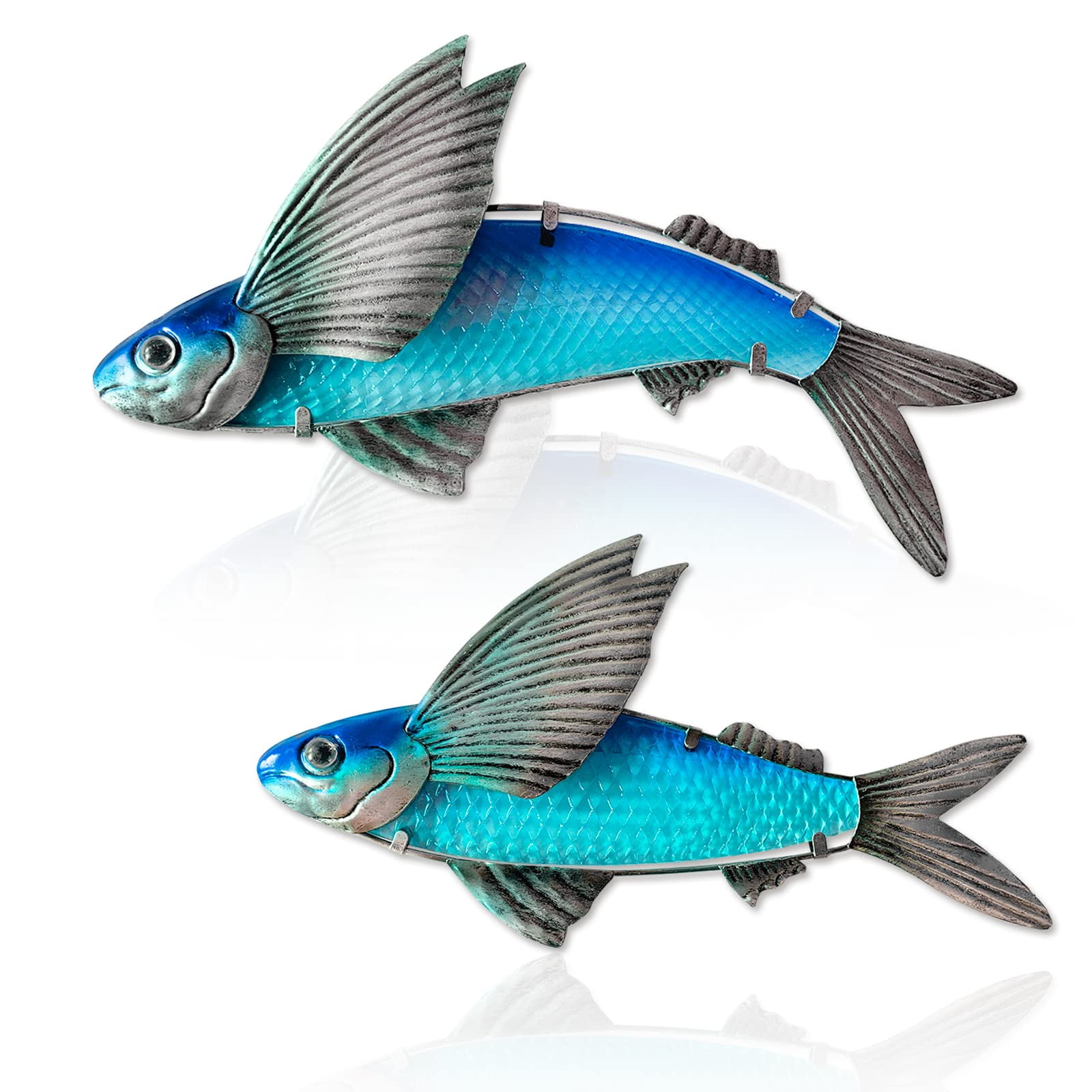 Liffy 2-Pack Metal Fish Wall Decor - Blue Flying Fish for Garden ...