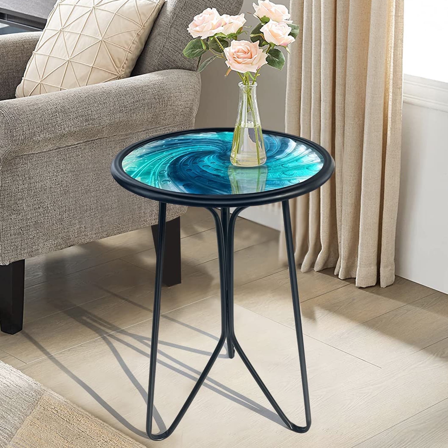 Liffy Blue Metal Plant Stand - 20 inch Height Vortex Glass Coffee End ...
