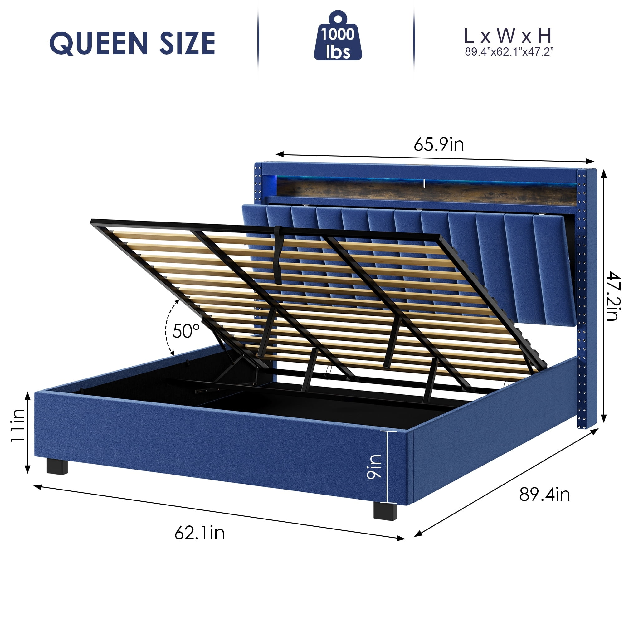 Lift Storage Bed with RF LED Lights Blue - Queen - Walmart.com