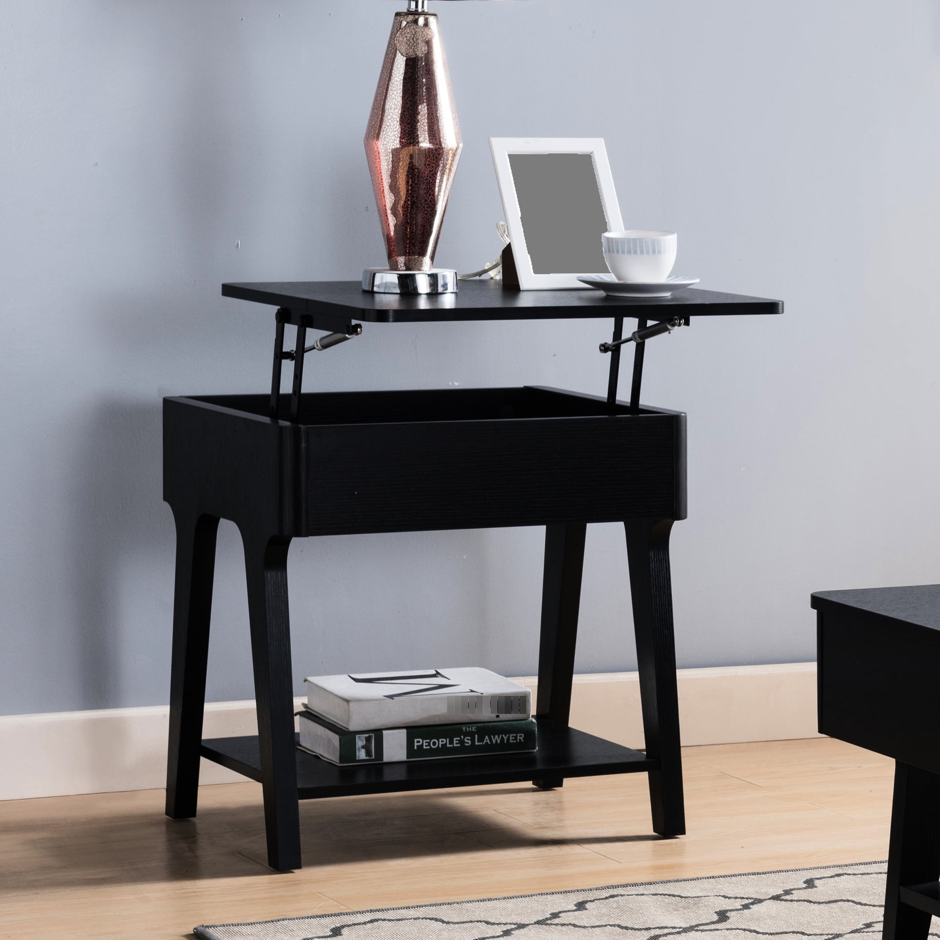 Lift Tabletop Black End Table With Concealed Storage And Open Lower ...