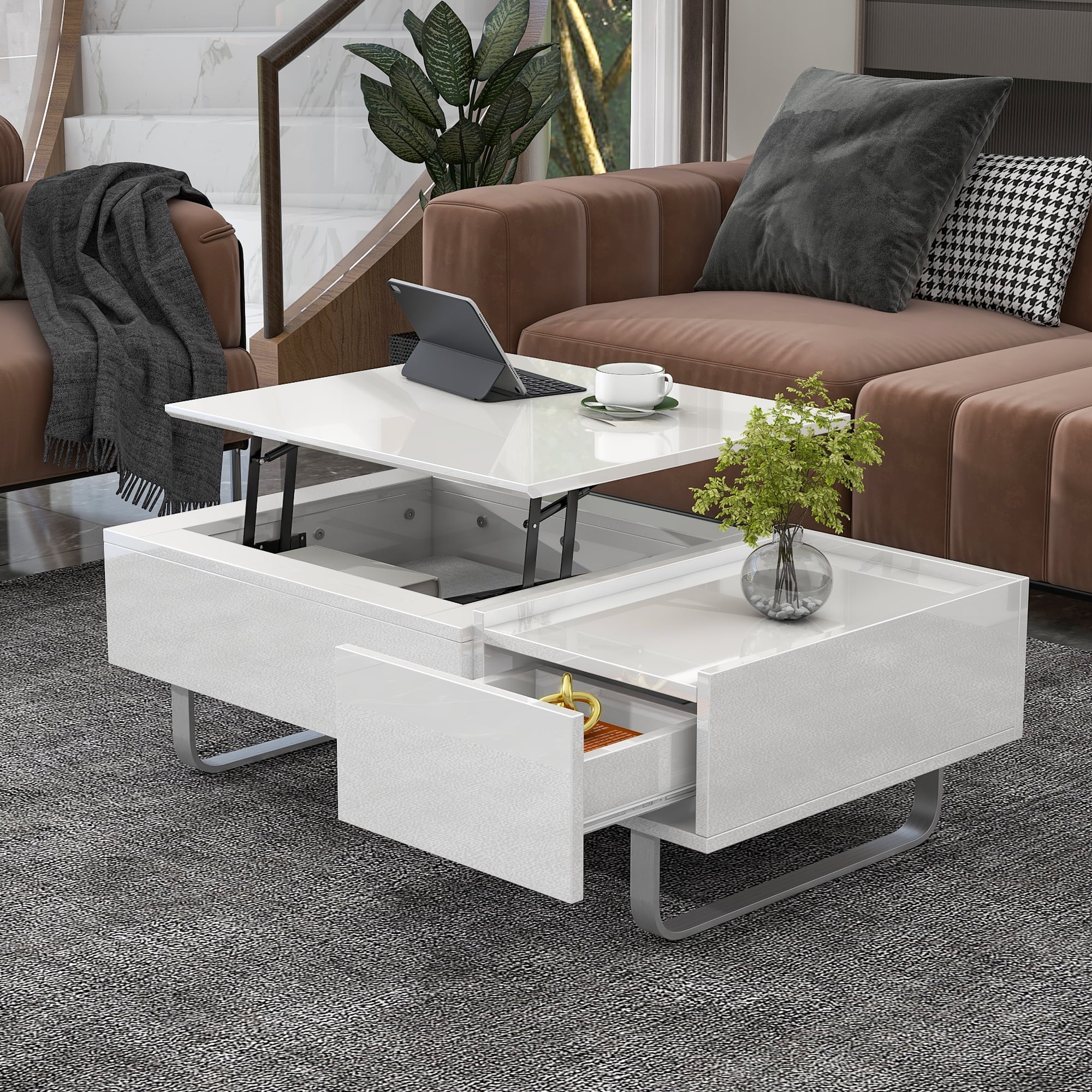 Lift Tabletop Coffee Table With Metal Frame Legs High-gloss Surface ...