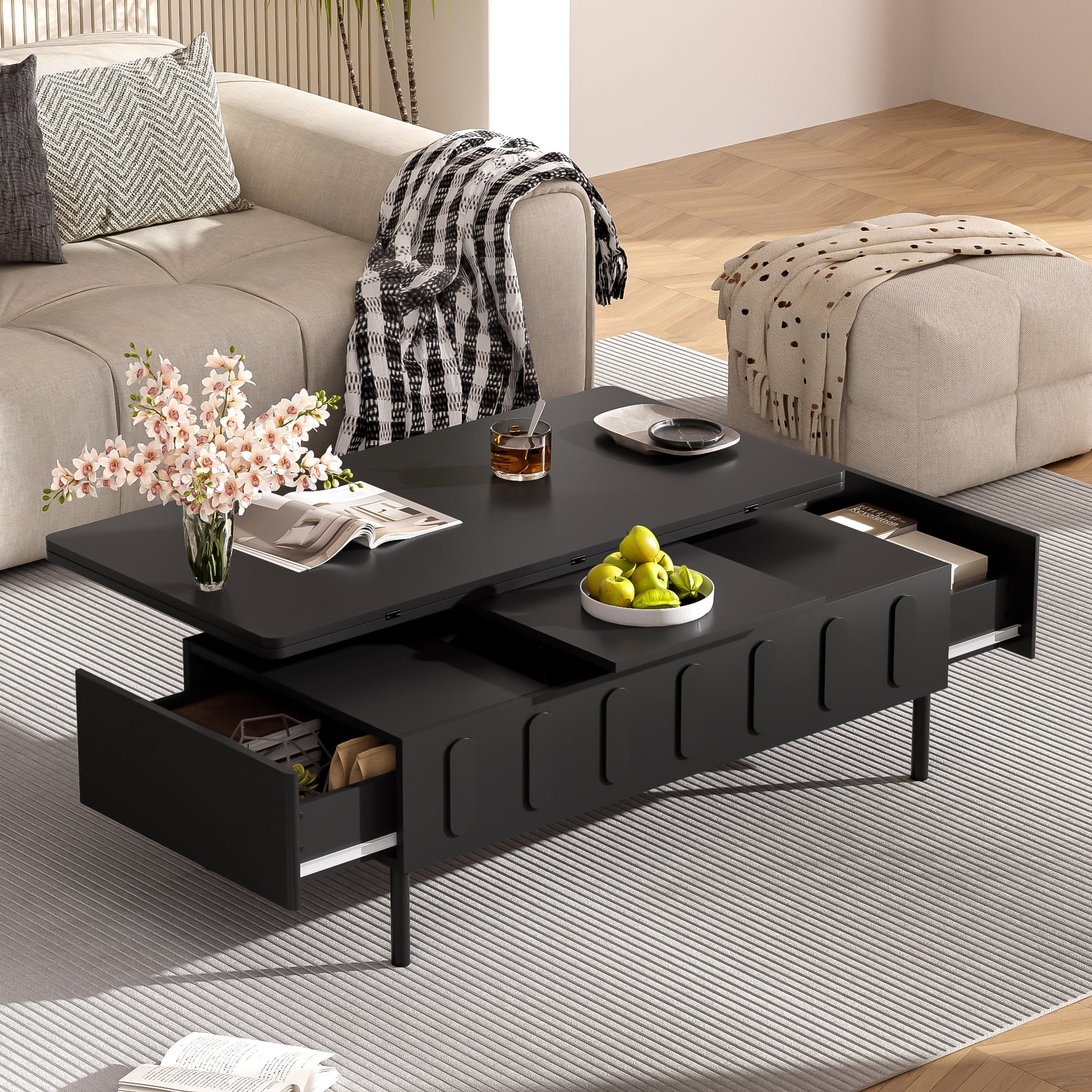 Lift-Top Coffee Table with 2 Drawers, Modern Space Saving Center Table ...