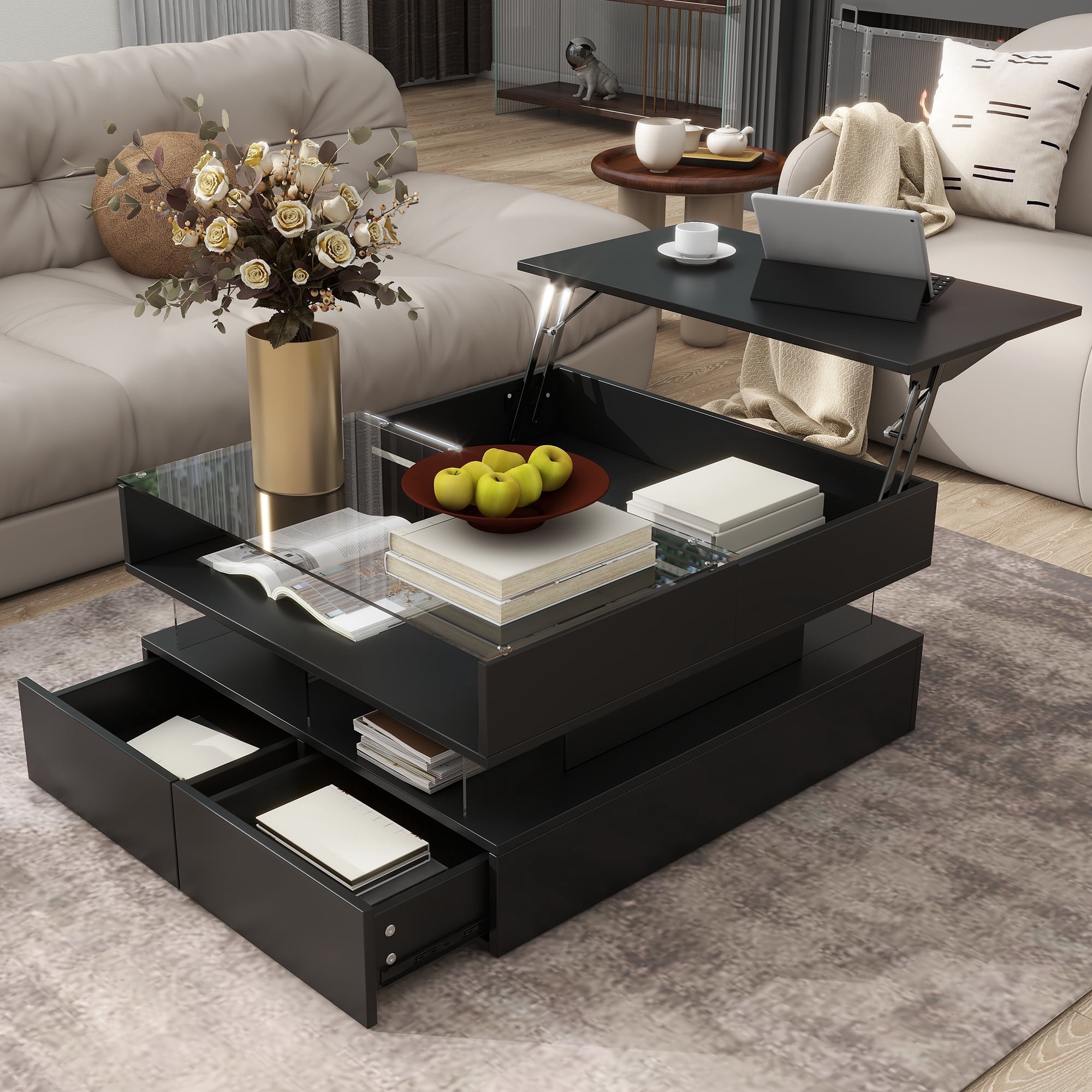 Lift-Top Coffee Table with 2 Drawers, Modern Square Coffee Table with ...