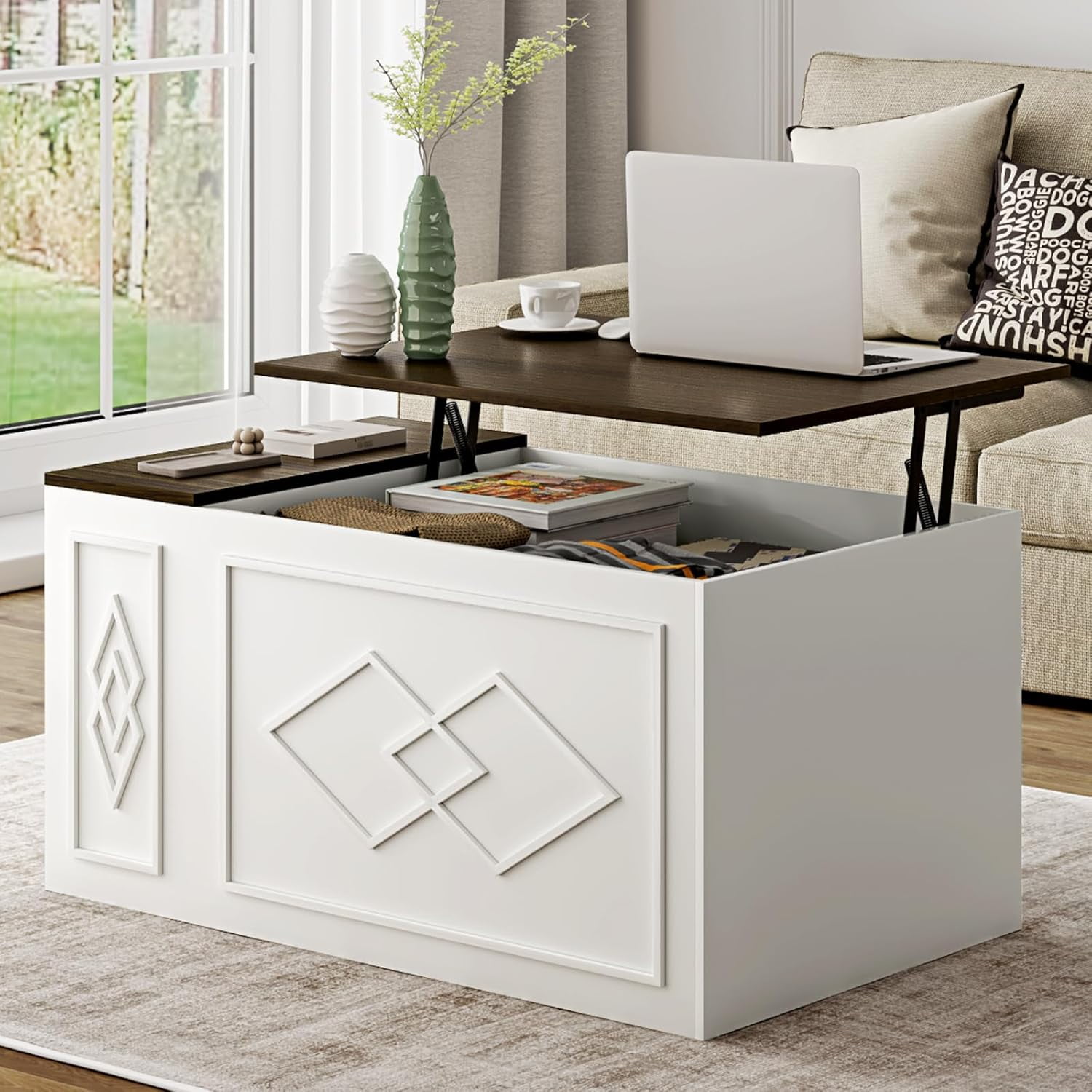 Lift Top Coffee Table, 39.4" Farmhouse Coffee Table with 3 Large Hidden Storage, Rectangle ...