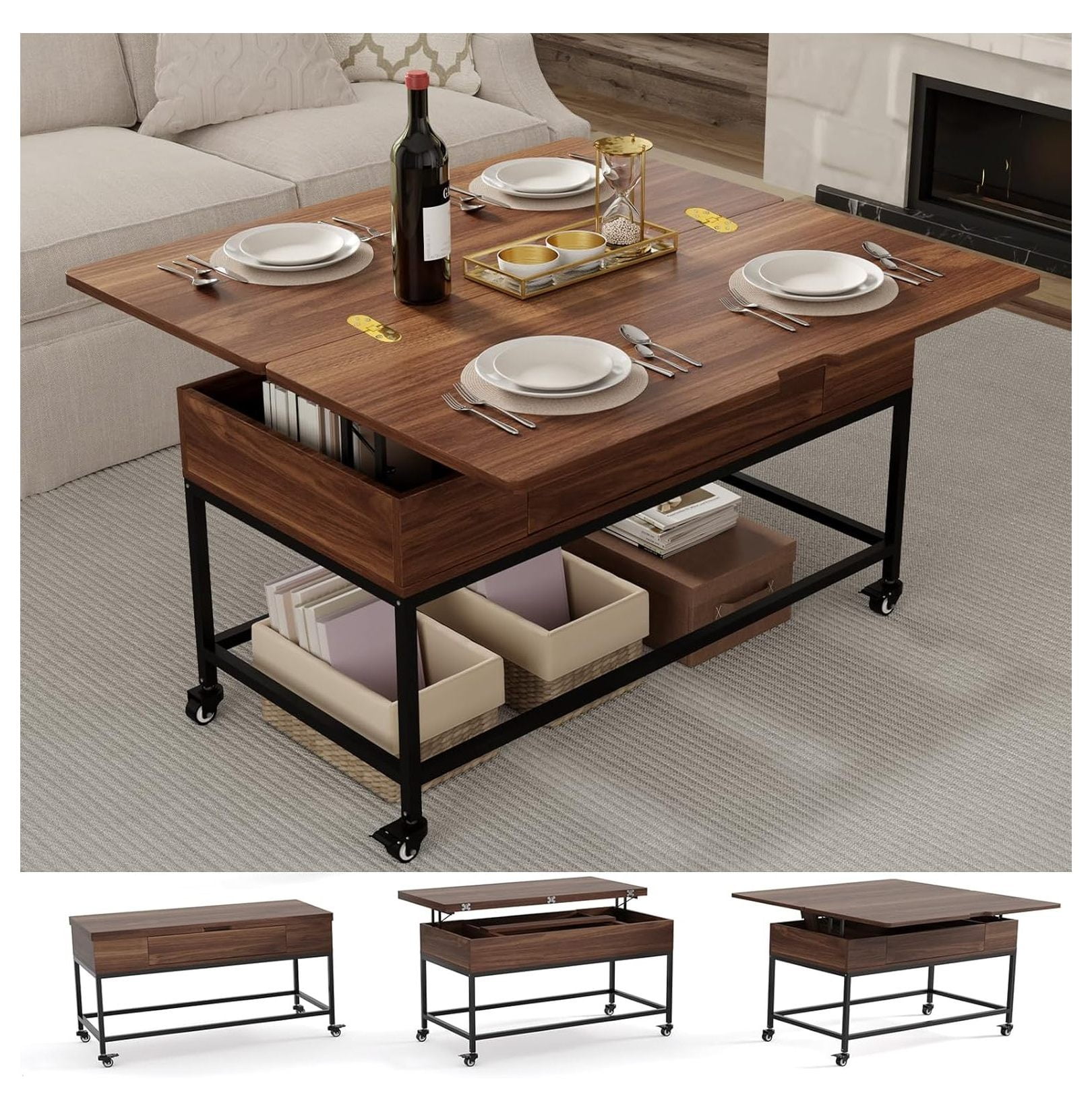 Lift Top Coffee Table, 3in1 Folding Rolling Coffee Tables with Storage ...