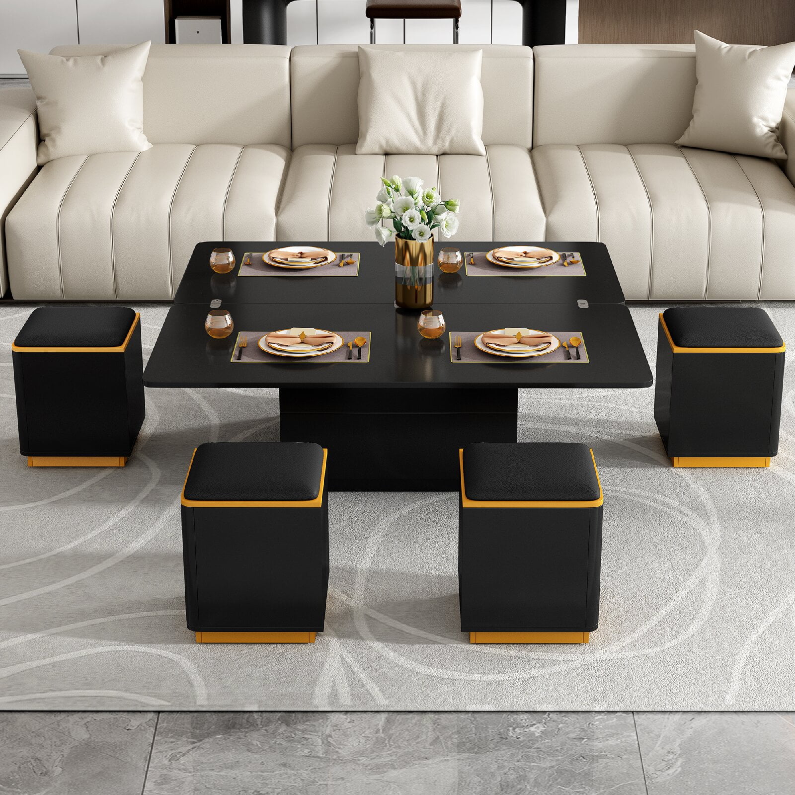 Lift-Top Coffee Table with 4 Storage Stools, Modern Space Saving Center ...