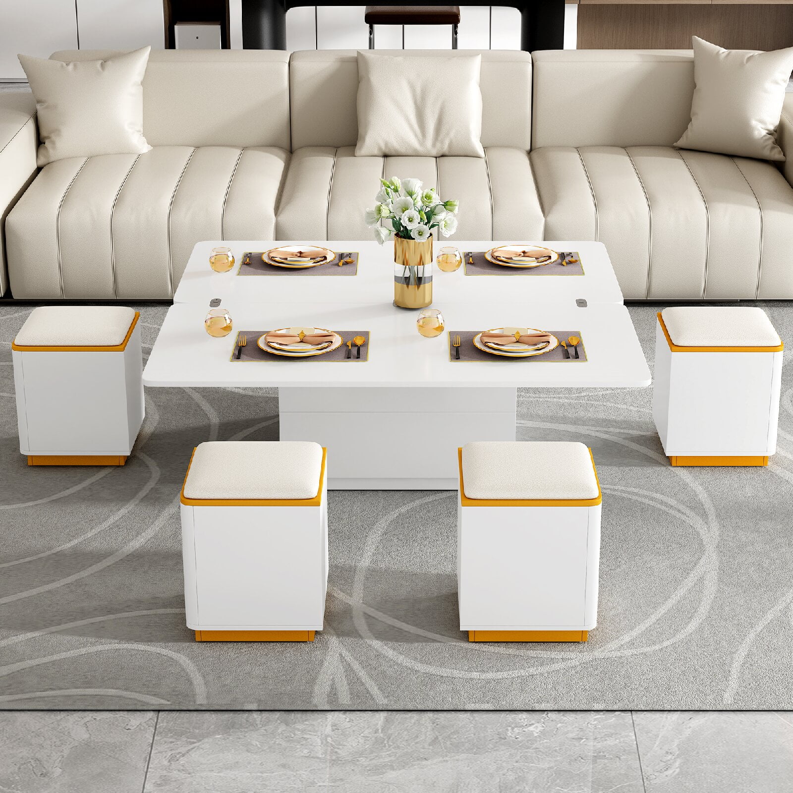 Lift-Top Coffee Table with 4 Storage Stools, Modern Space Saving Center ...