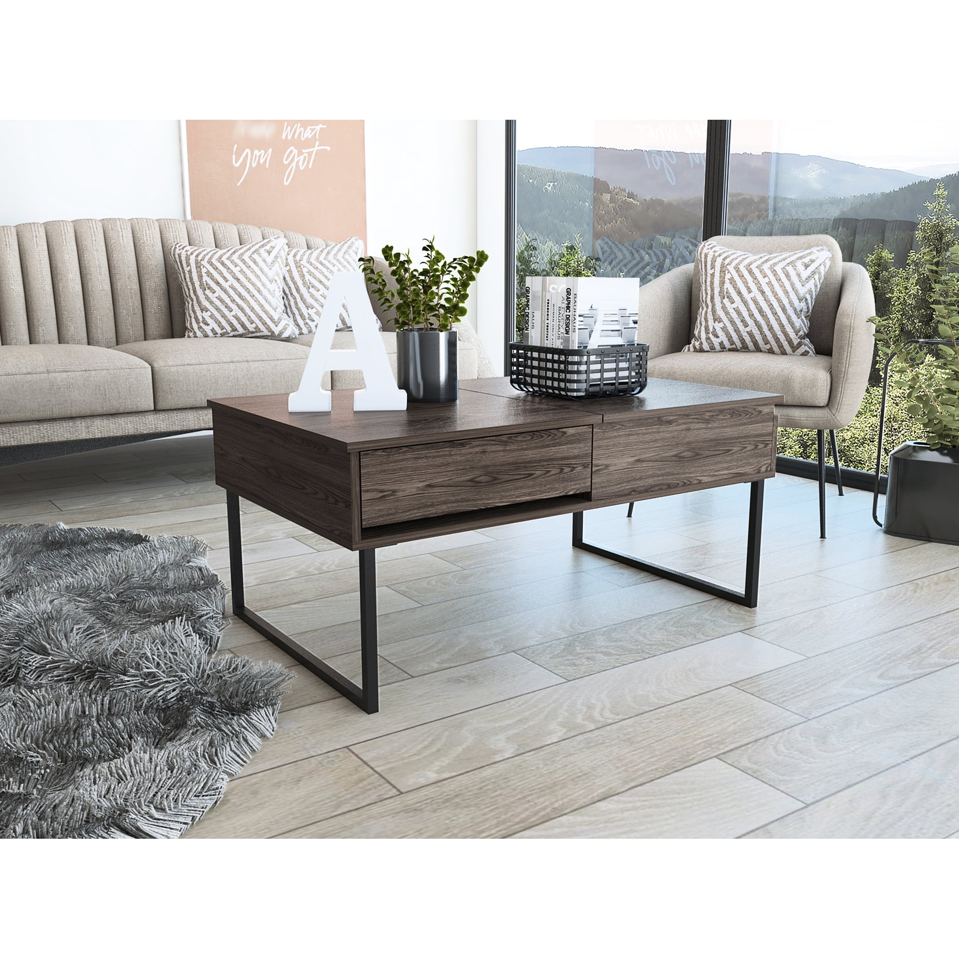Lift Top Coffee Table With Drawer In Dark Walnut Tone Shade Colour Tone ...
