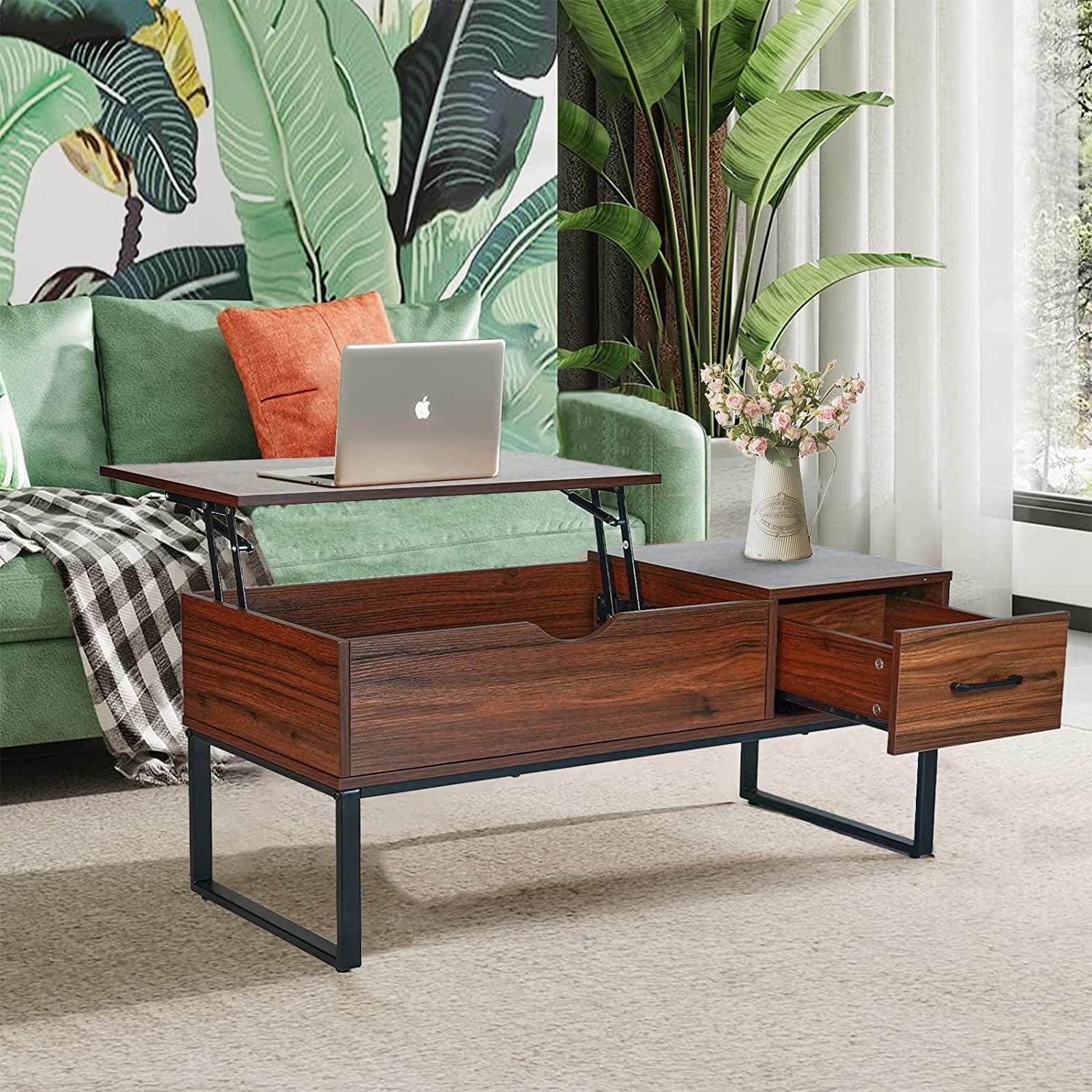 Lift-Top Coffee Table with Drawers, Hidden Storage Compartment, Wooden ...