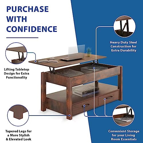 Lift Top Coffee Table with Hidden Compartment & 2 Storage Shelves ...