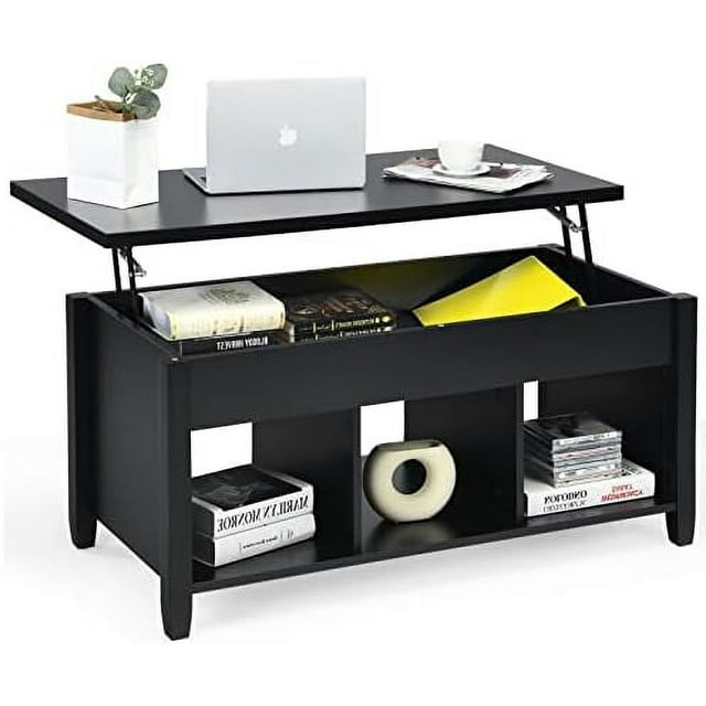 Lift Top Coffee Table with Hidden Compartment & Open Shelves Modern ...