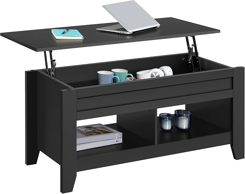 Lift Top Coffee Table with Hidden Storage Compartment & 2 Open Shelves ...